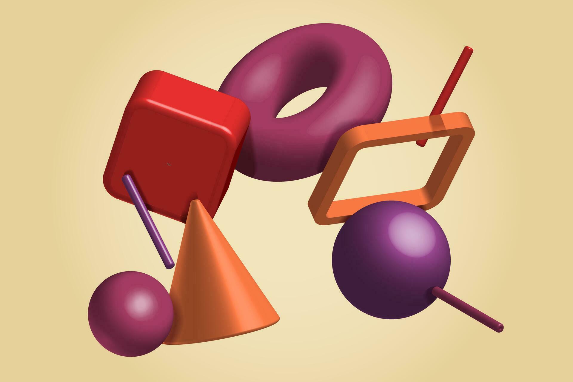 Abstract three-dimensional geometric shapes on a light background. Vector 3D shapes. Vector ...