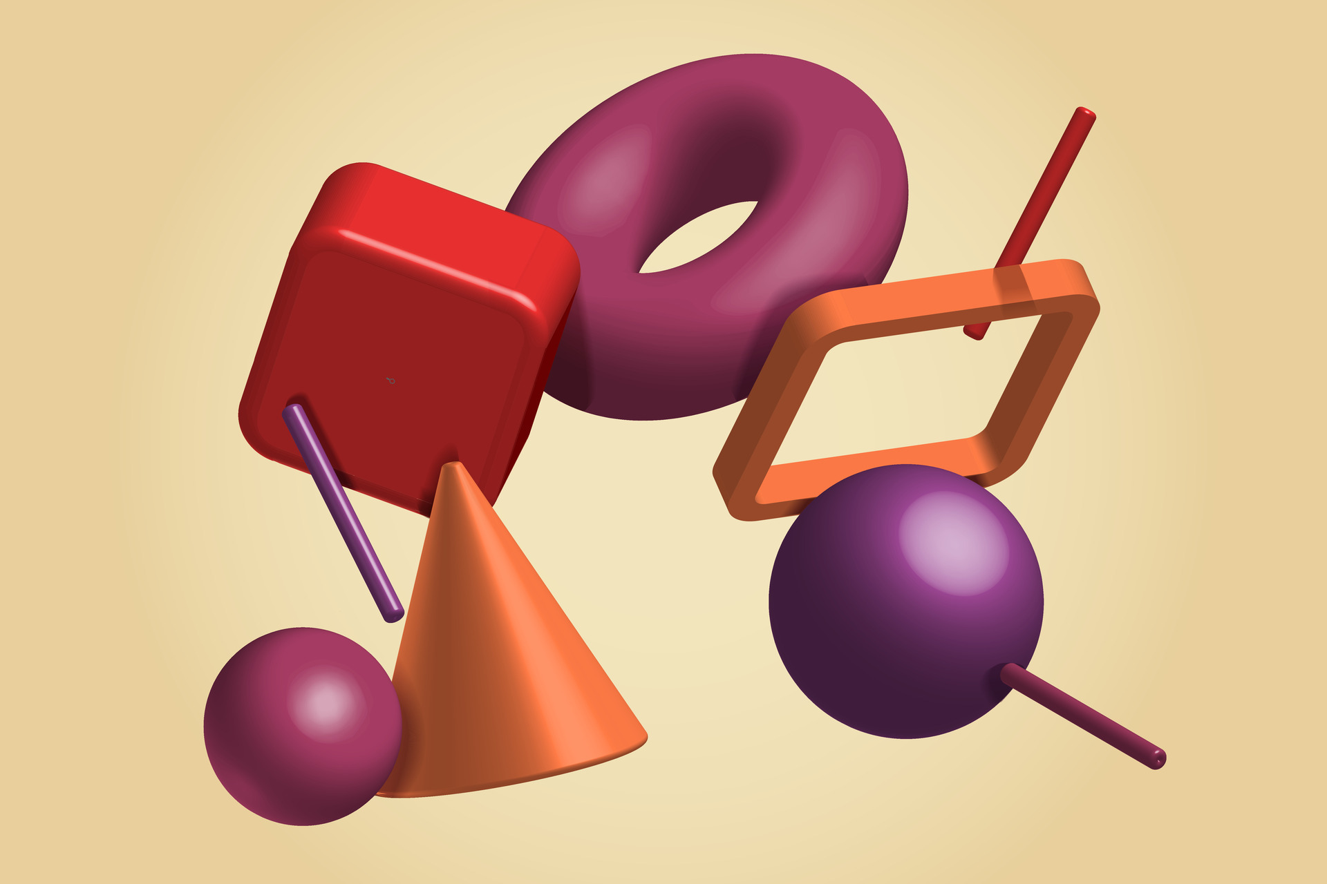 Abstract three-dimensional geometric shapes on a light background ...