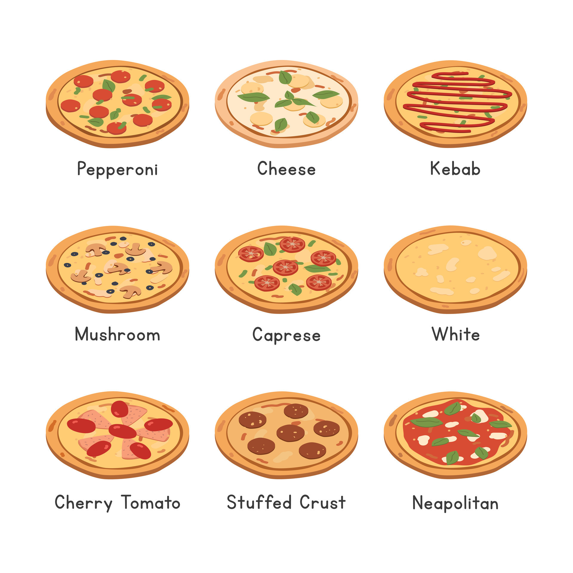 Diverse Types of Pizza Isometric Vector Set. Pepperoni, Cheese, Kebab ...