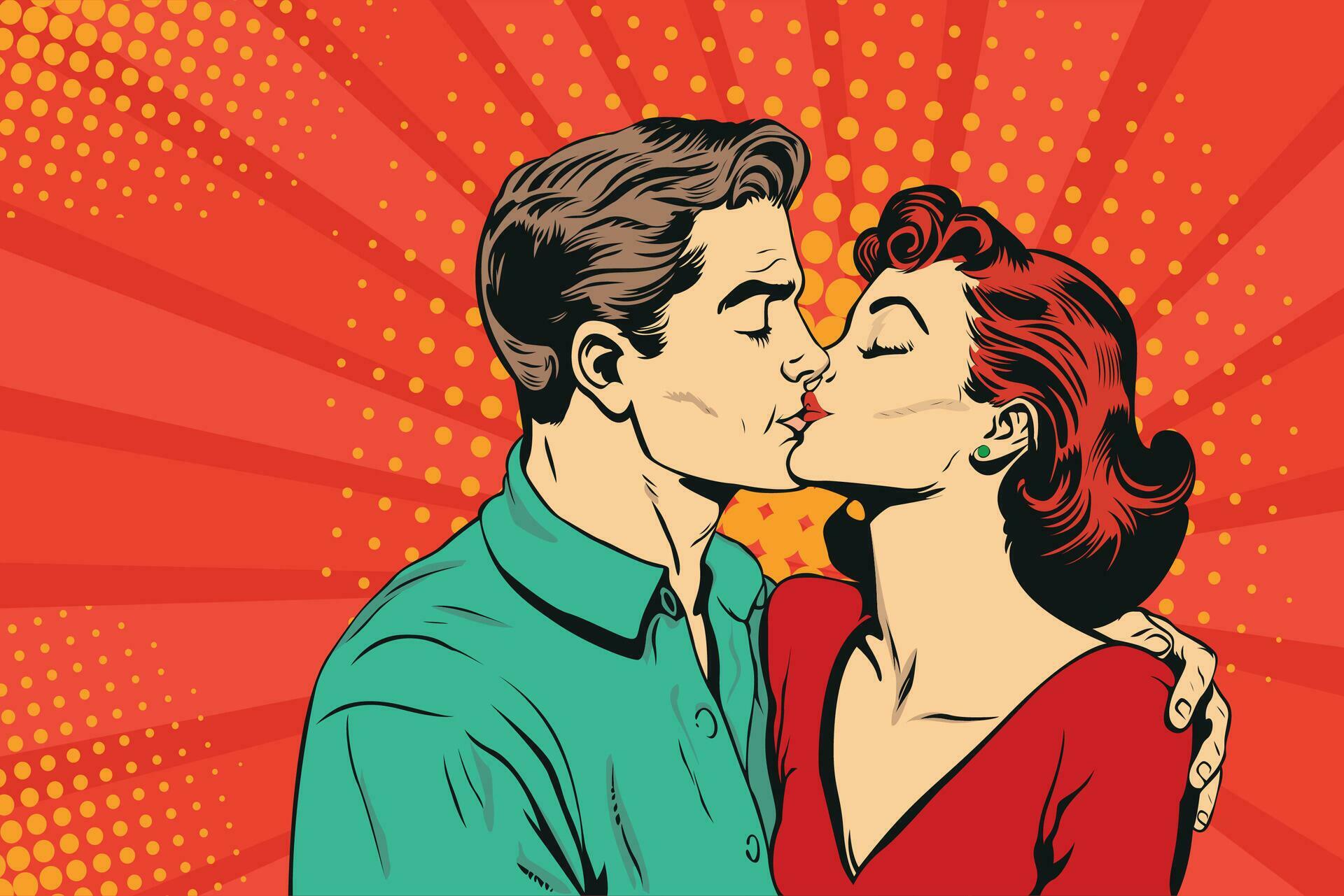 Man and woman are kissing. Couple love vector illustration in pop art retro comic style ...