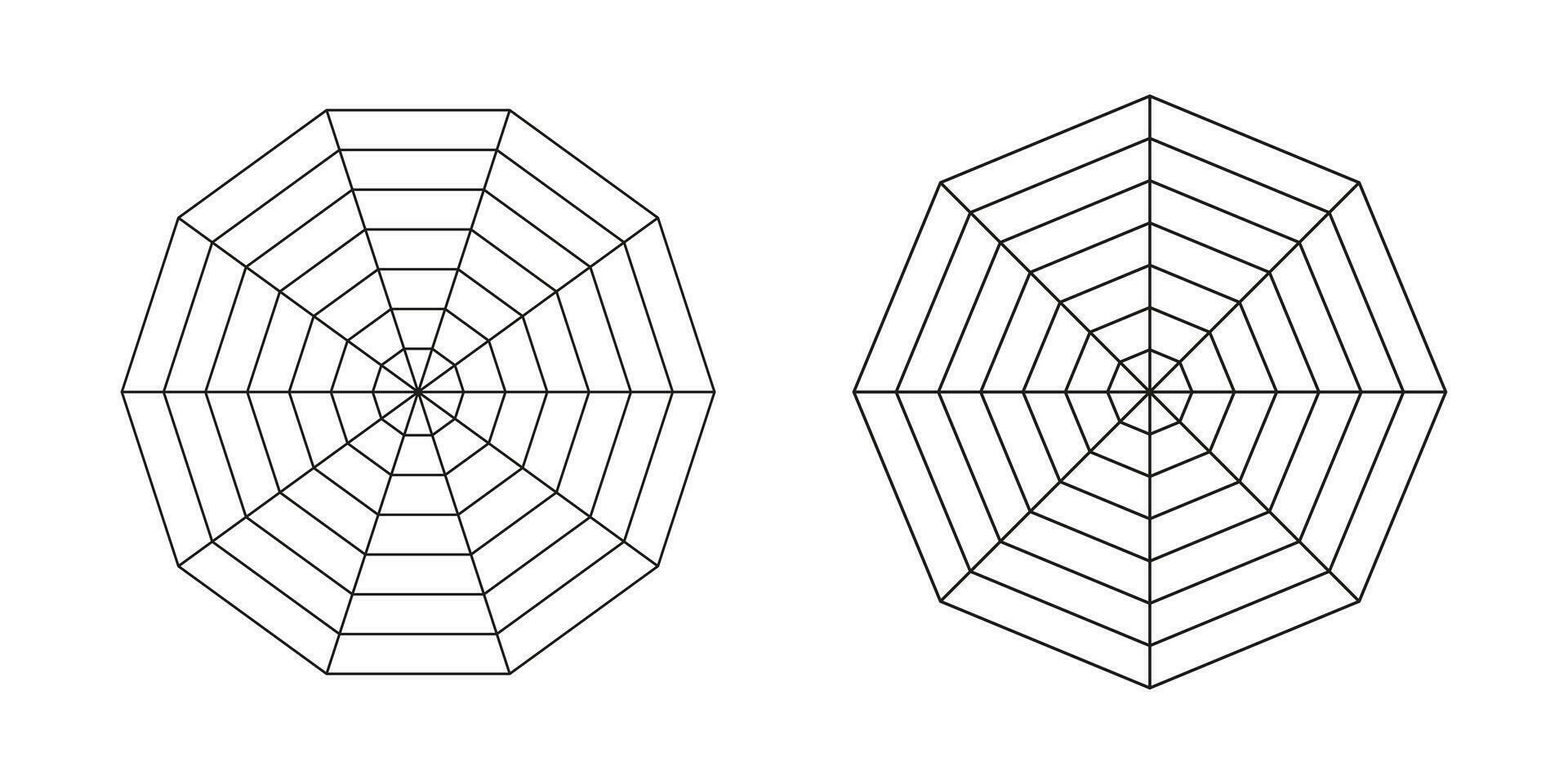 Decagon, octagon graphs. Set of radar spider templates. Spider mesh ...