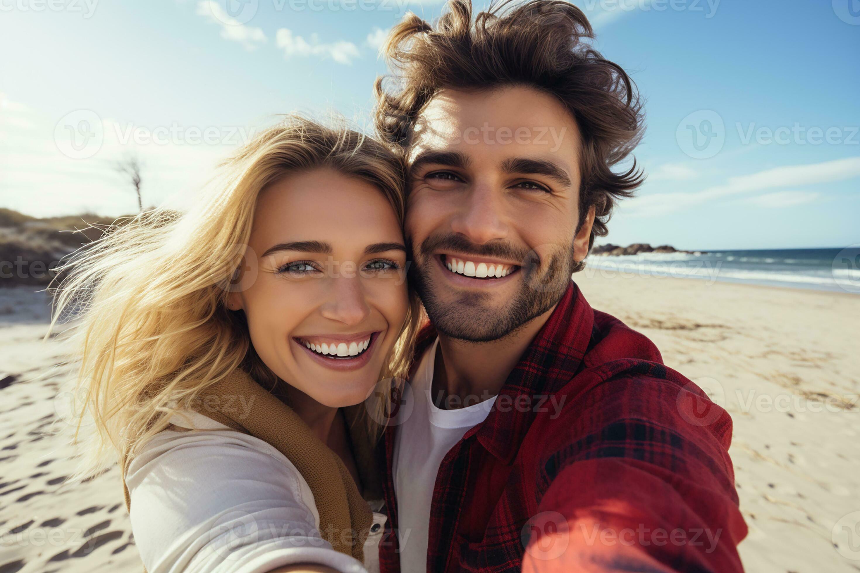 Ai Generated Happy Couple Taking Selfie On Beach Near Sea Summer