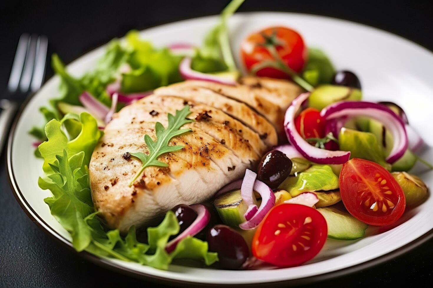 Ai Generated Grilled Chicken Breast With Tomatoes Red Pepper Organic Green And Kalamata Olives