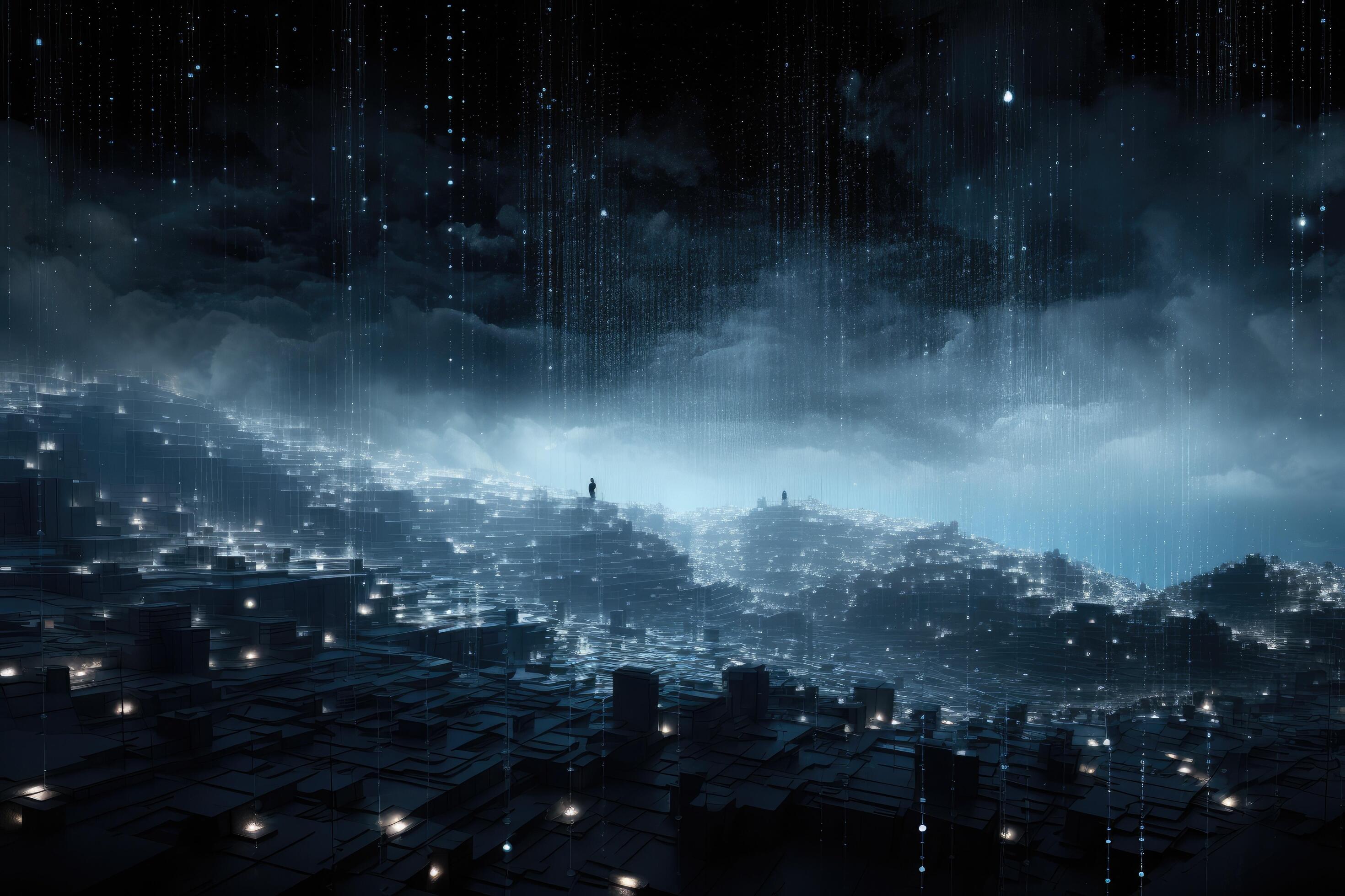 AI generated Night cityscape with glowing buildings and blue lights. 3D rendering, A dense cloud ...
