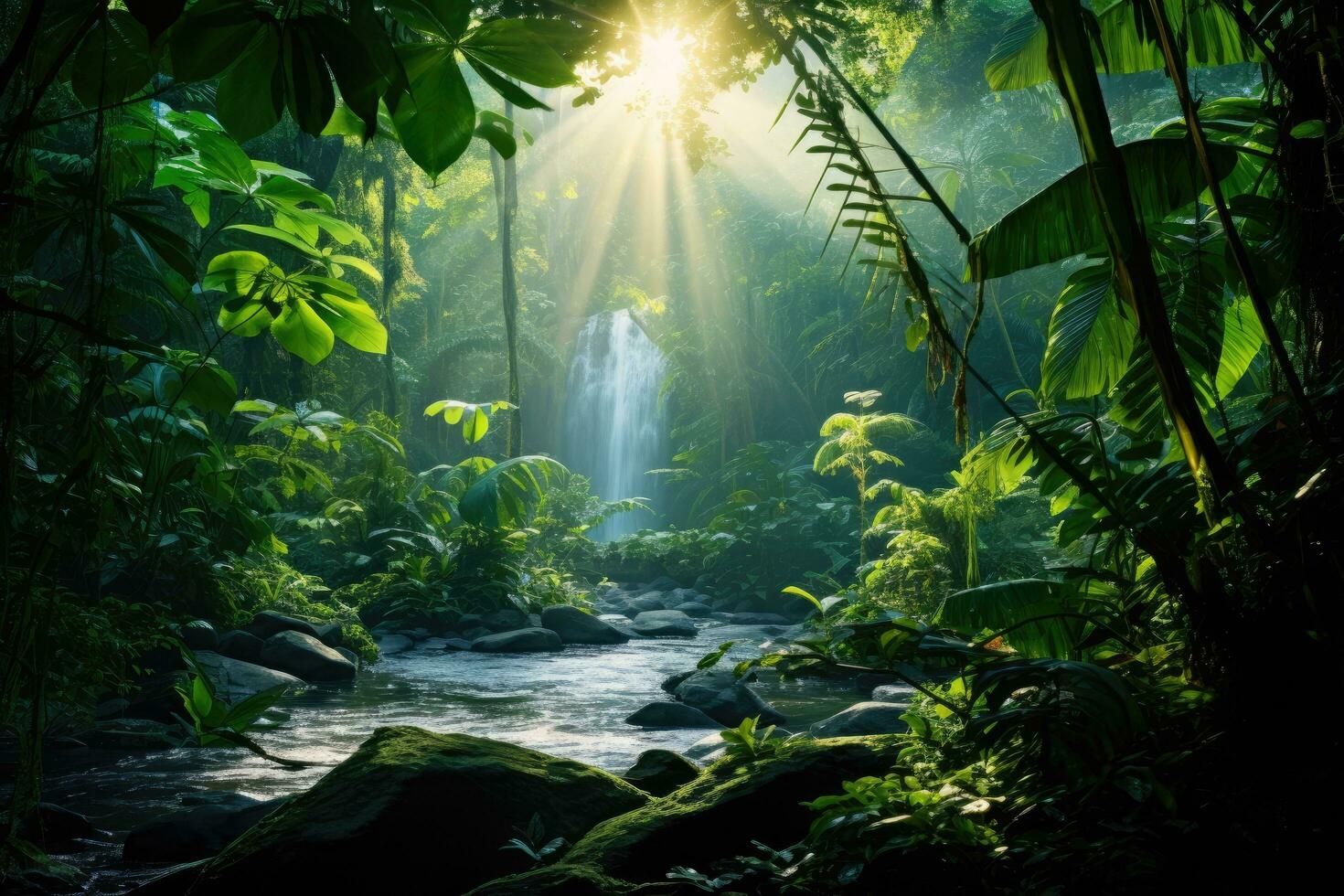 AI generated Waterfall in tropical forest with sunbeams and lens flare, A dense, lush rainforest ...