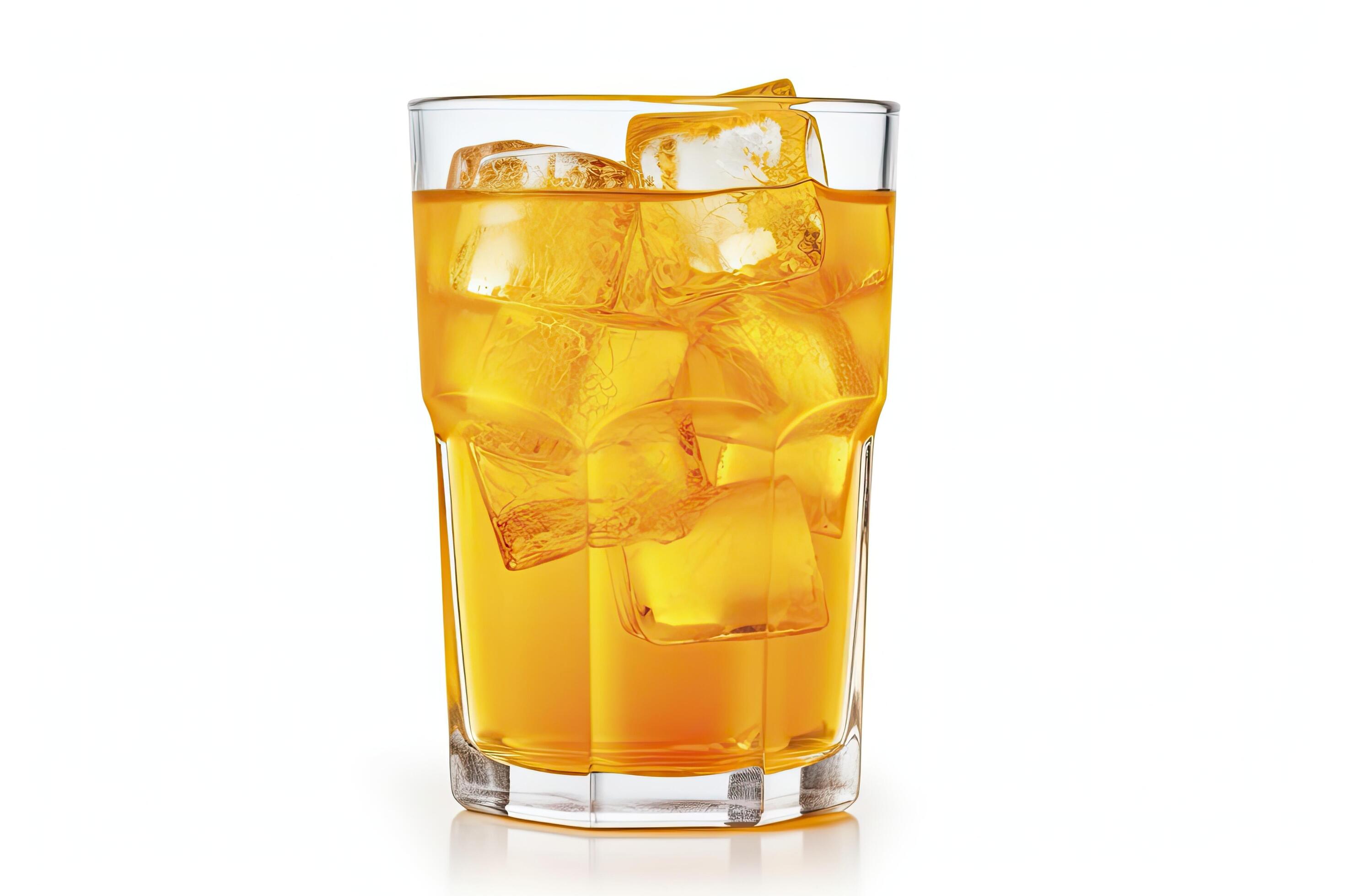 AI generated A glass of orange soda water with ice cubes on white background. AI Generated ...