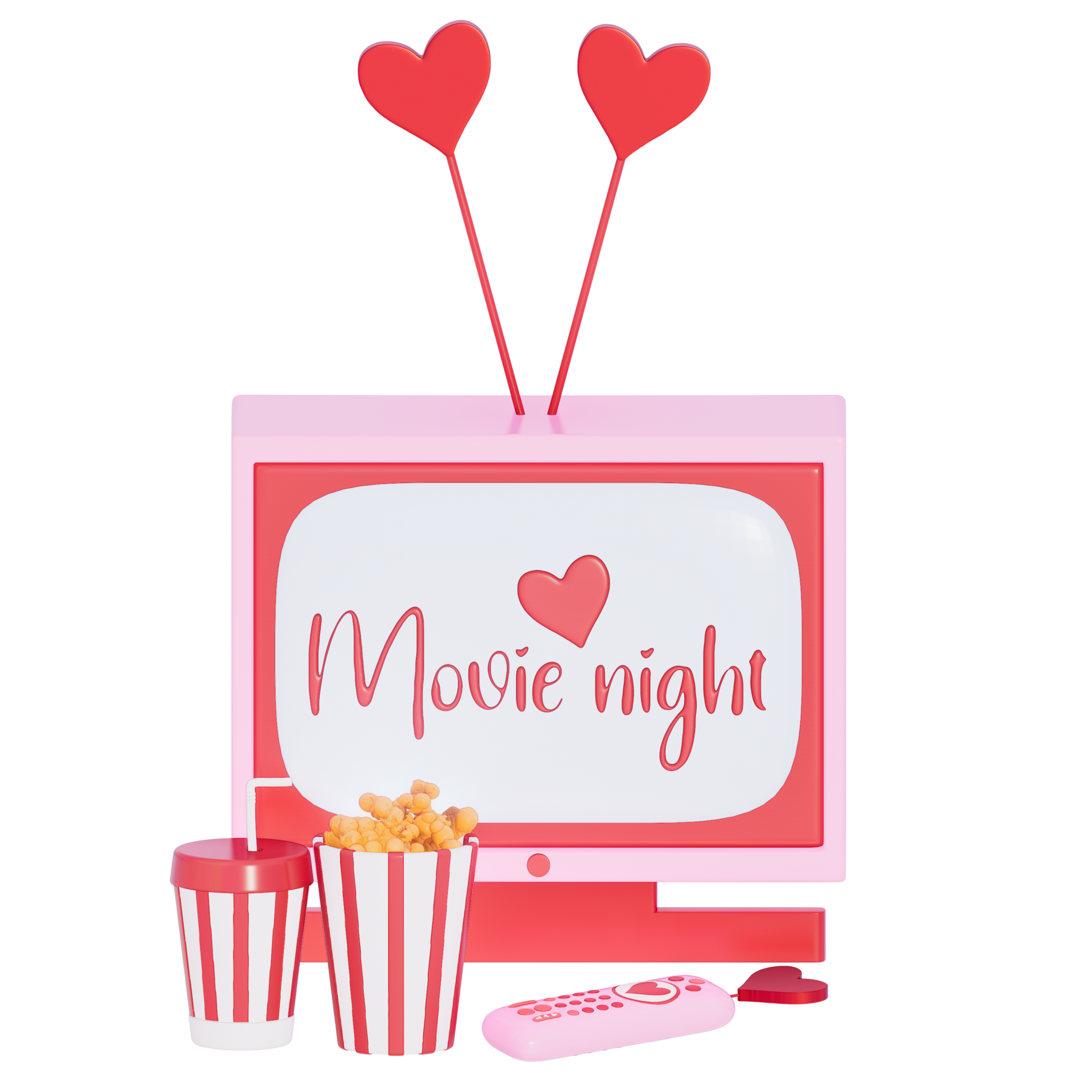 Valentine's movie night TV and Snacks on transparent background, 3D rendering 35984525 PNG
