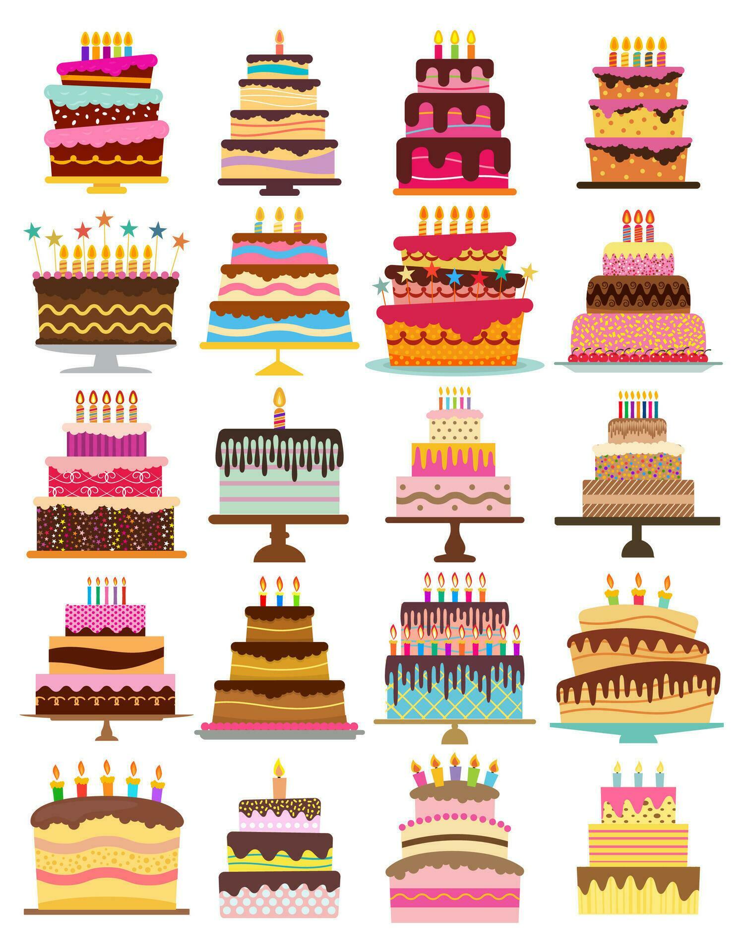 Set of twenty sweet birthday cakes with burning candles. Colorful holiday dessert. Vector ...