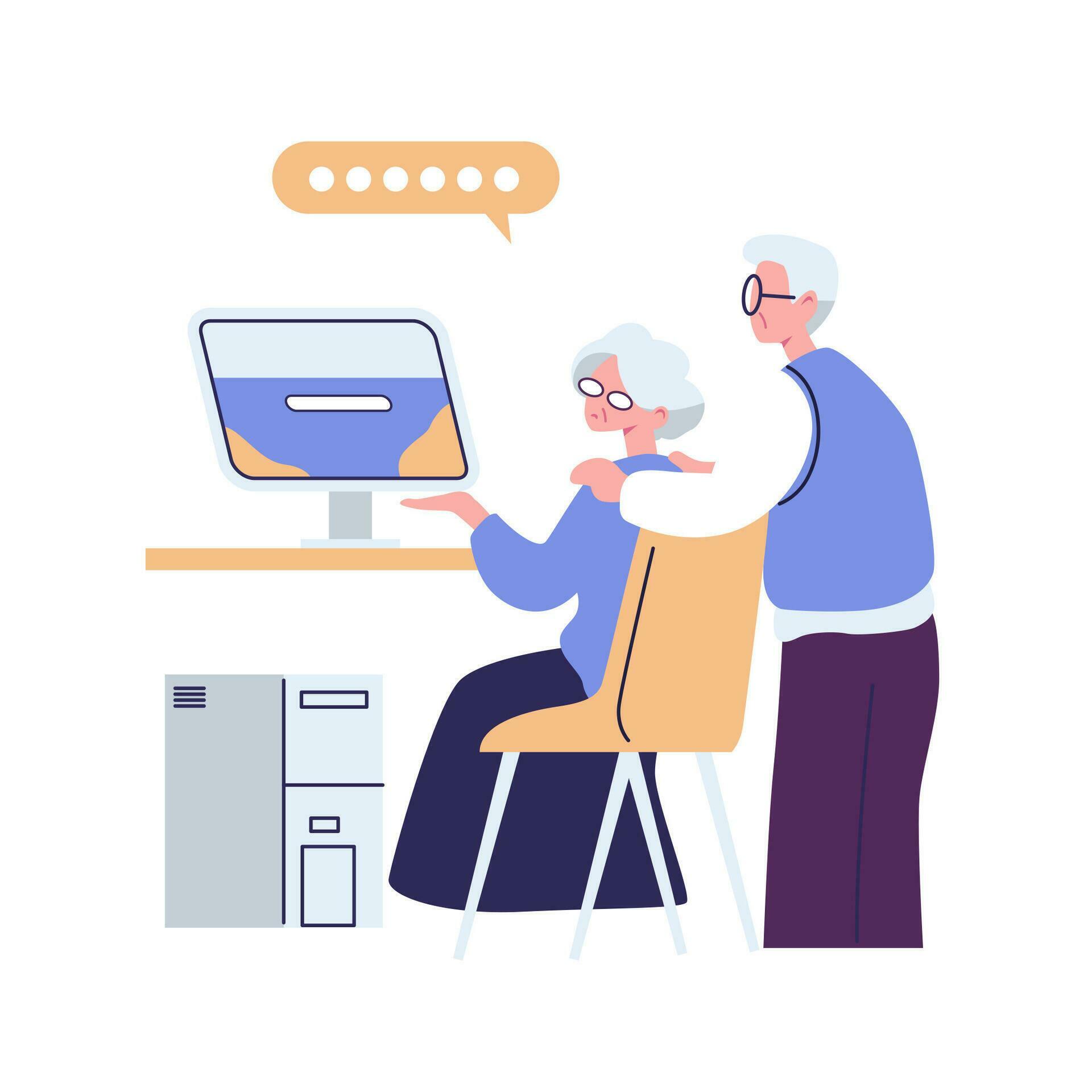 Modern old people using internet, mobile phones, computers. Senior men ...