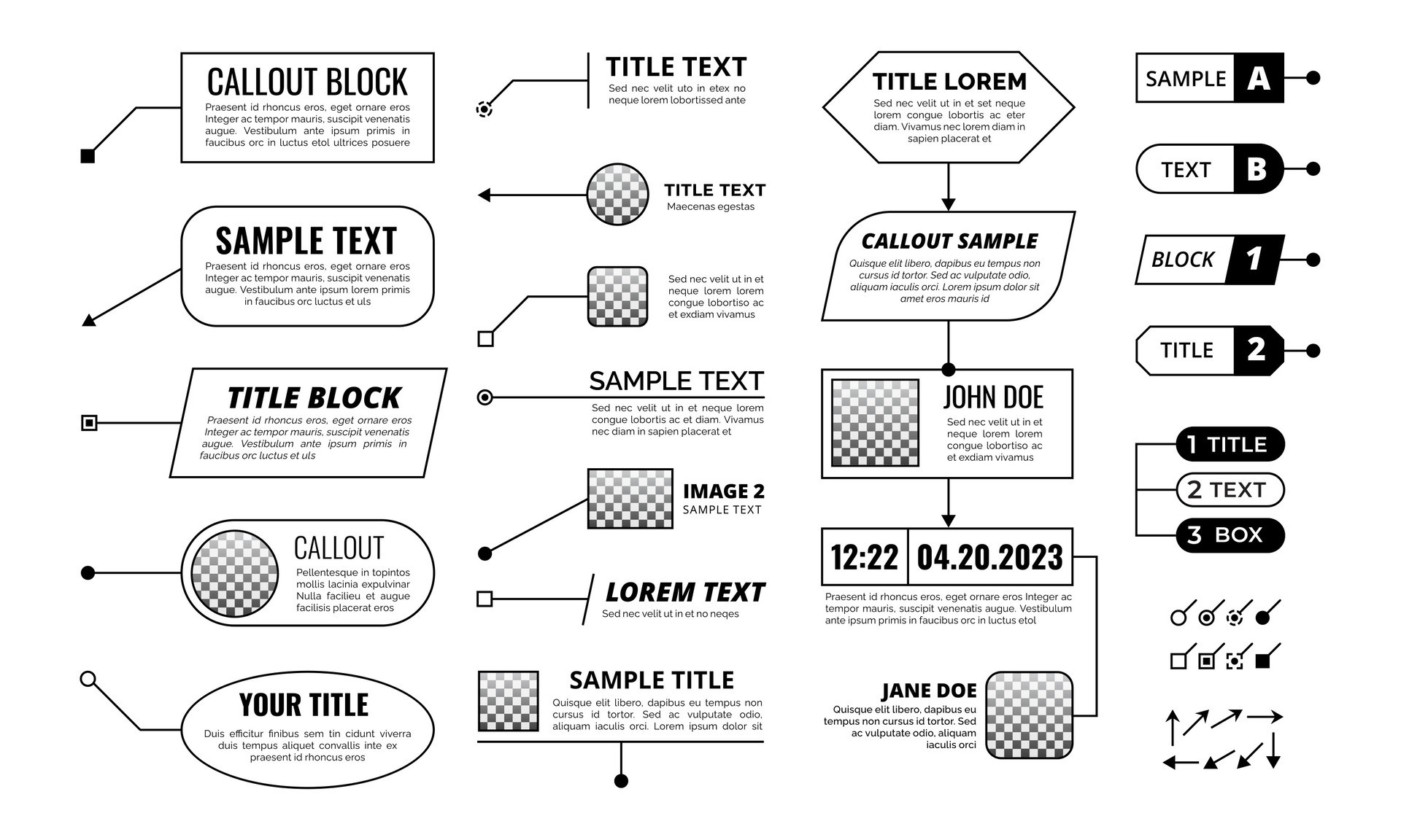 Callout titles. Text box with line arrows, lower third graphic ...