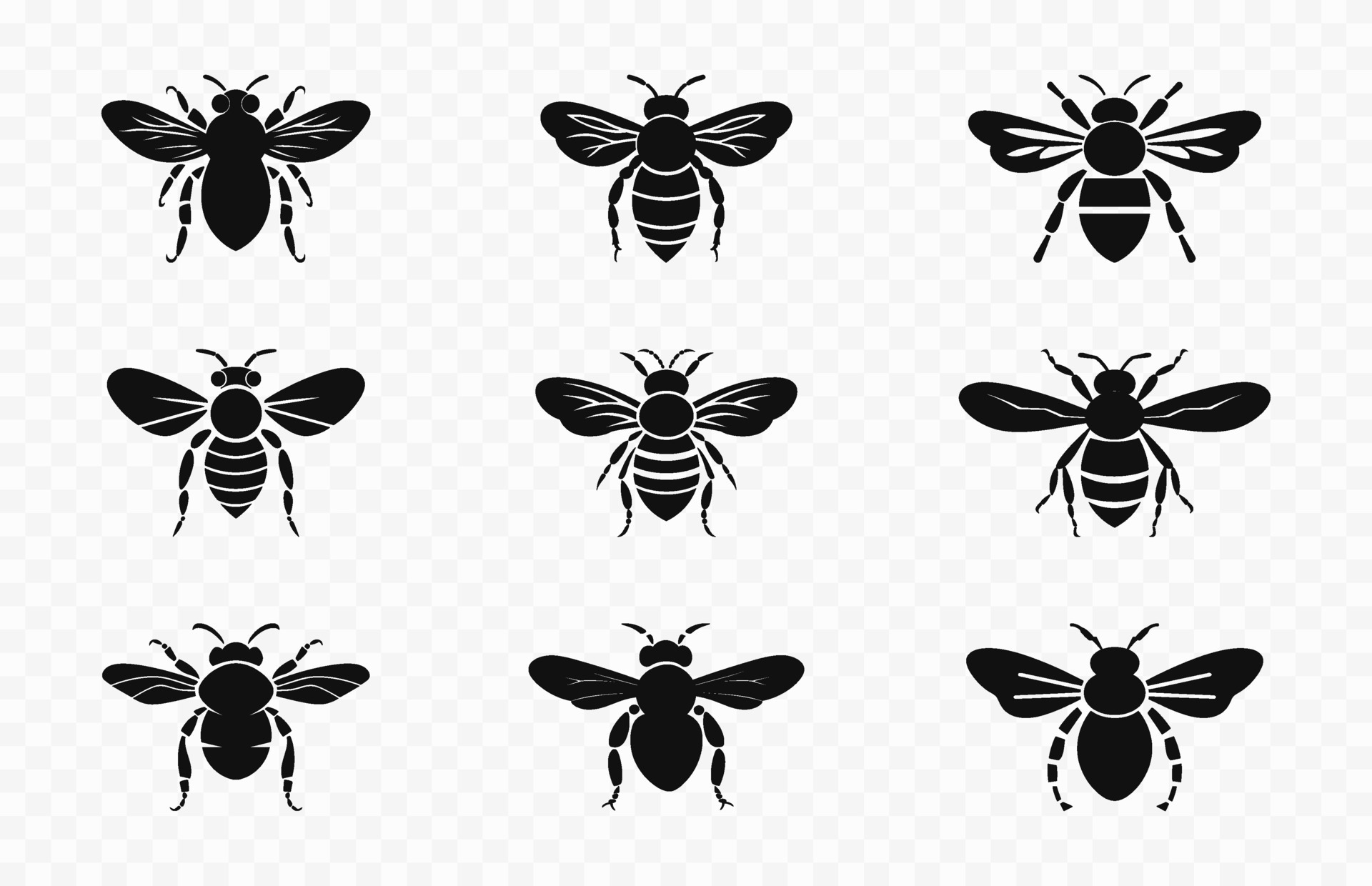 Set of Honey Bee Silhouette vector, Bee Vector Black Silhouette ...