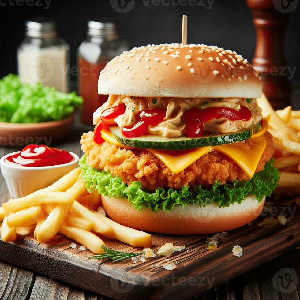 AI generated Delicious chicken burger with french fries on the table AI ...