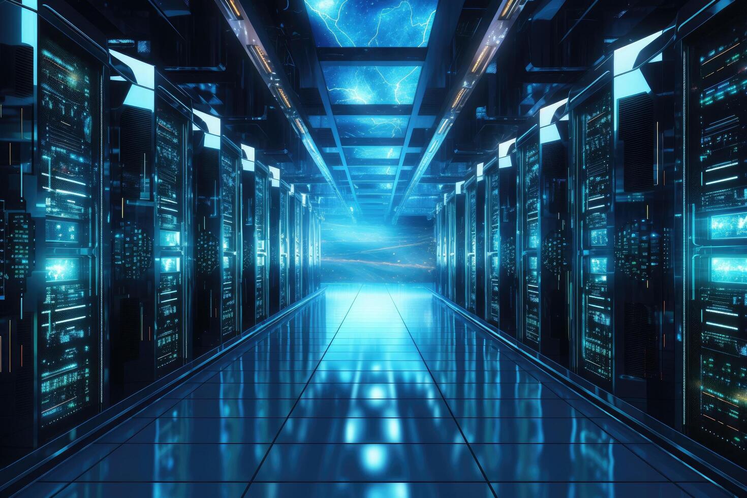 AI generated Futuristic server room with bright blue lights. 3D Rendering, IT Server and a ...