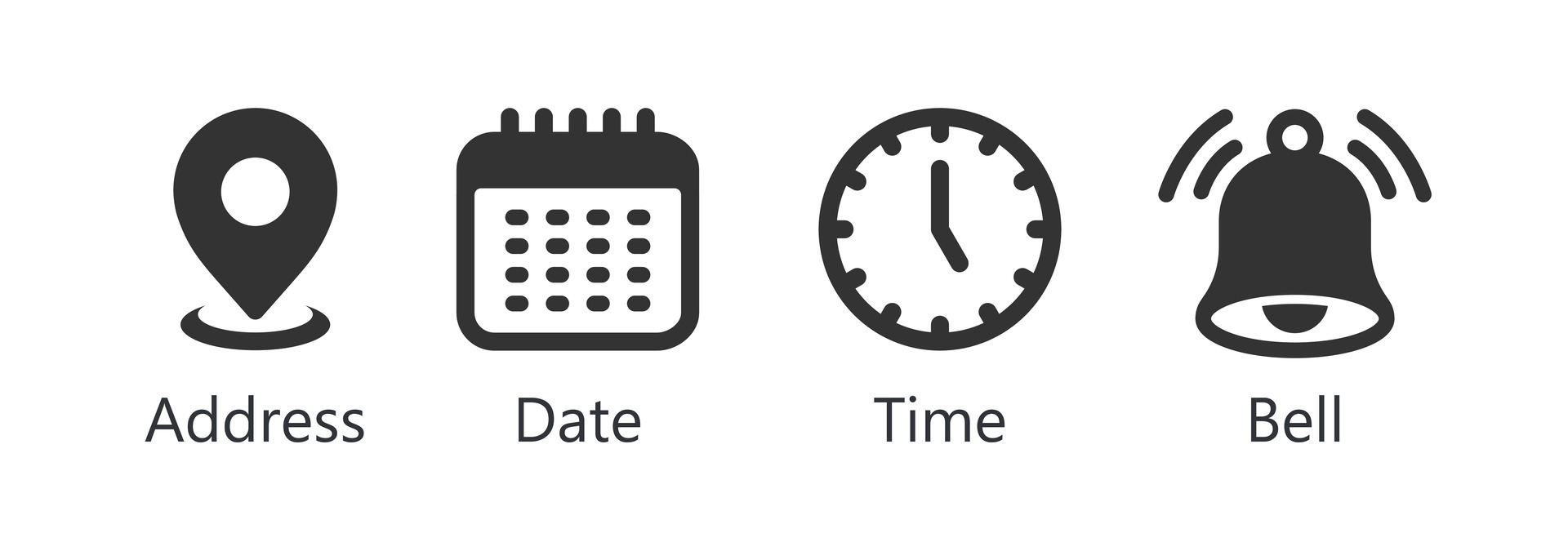 Place, Time, Date and Notification line icons. Calendar, address location pointer and alarm bell ...
