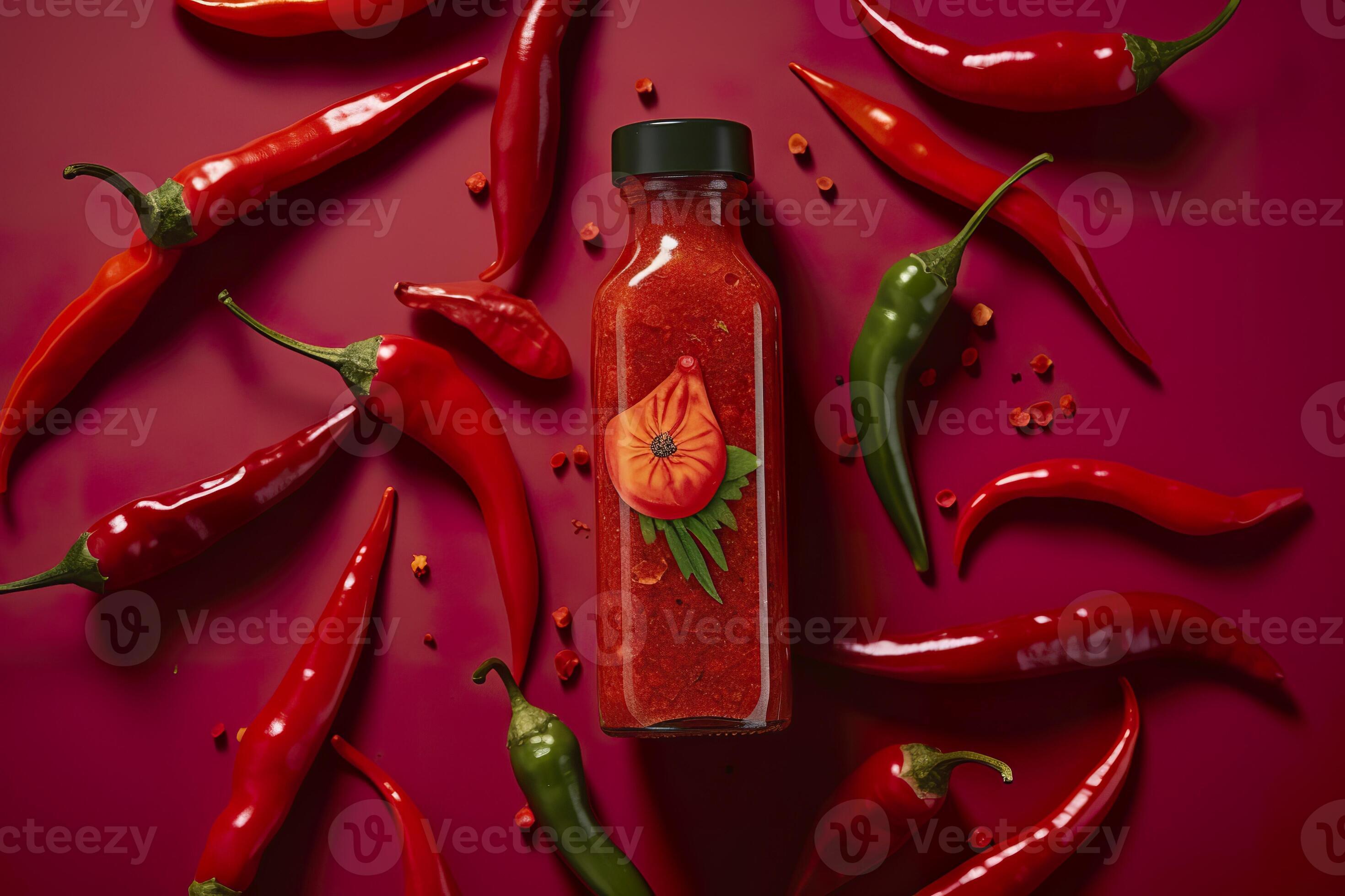 AI generated Tabasco hot pepper sauce with red chili pepper, flat lay ...
