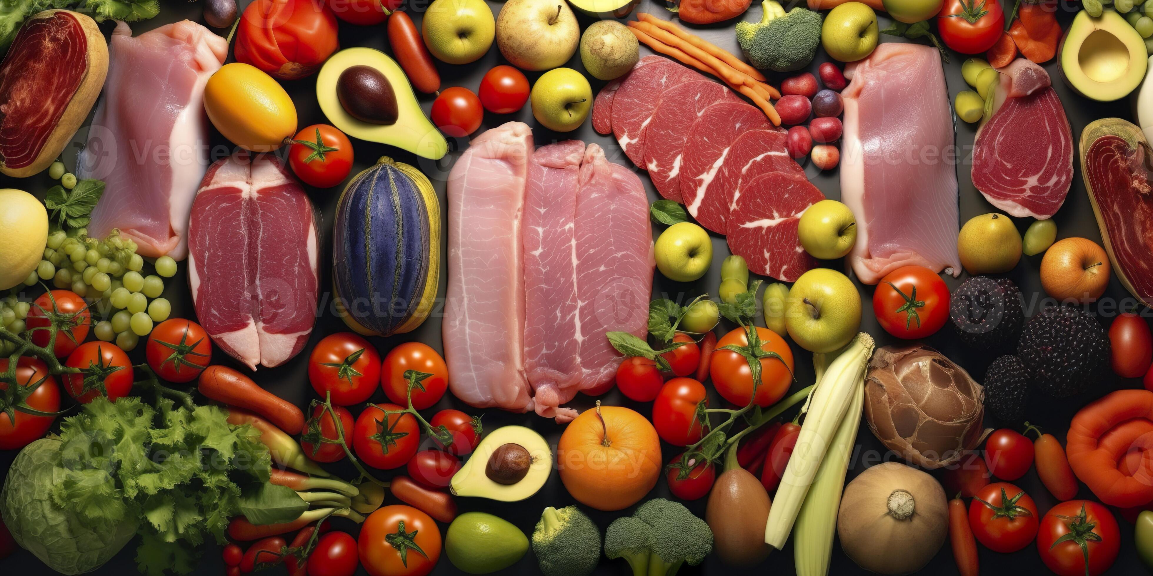 AI generated Different types of meats, vegetables, and fruits lay in supermarkets. Generative AI ...