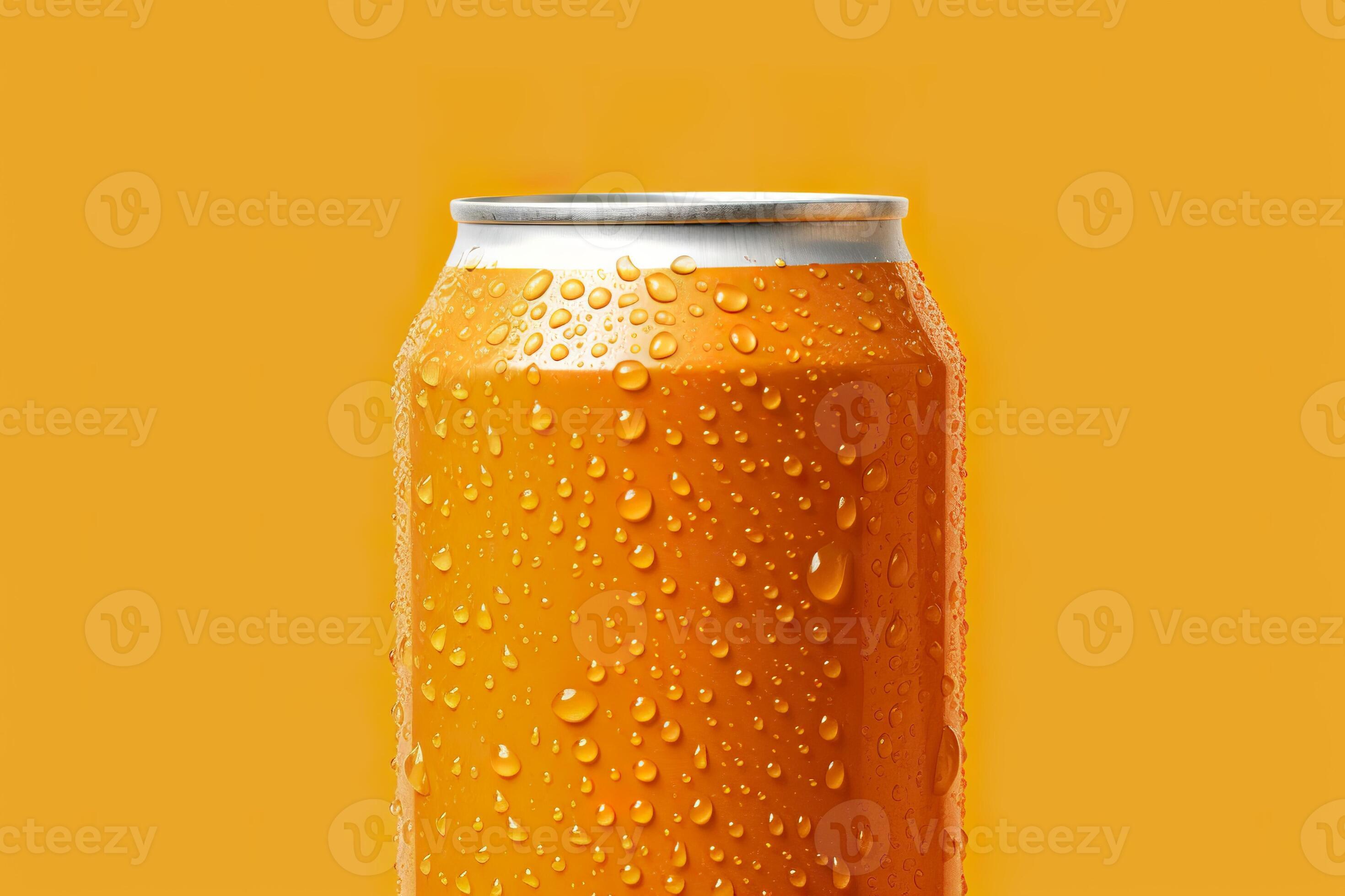 AI generated Can of fresh soda with water drops on orange background, closeup. Generative AI ...