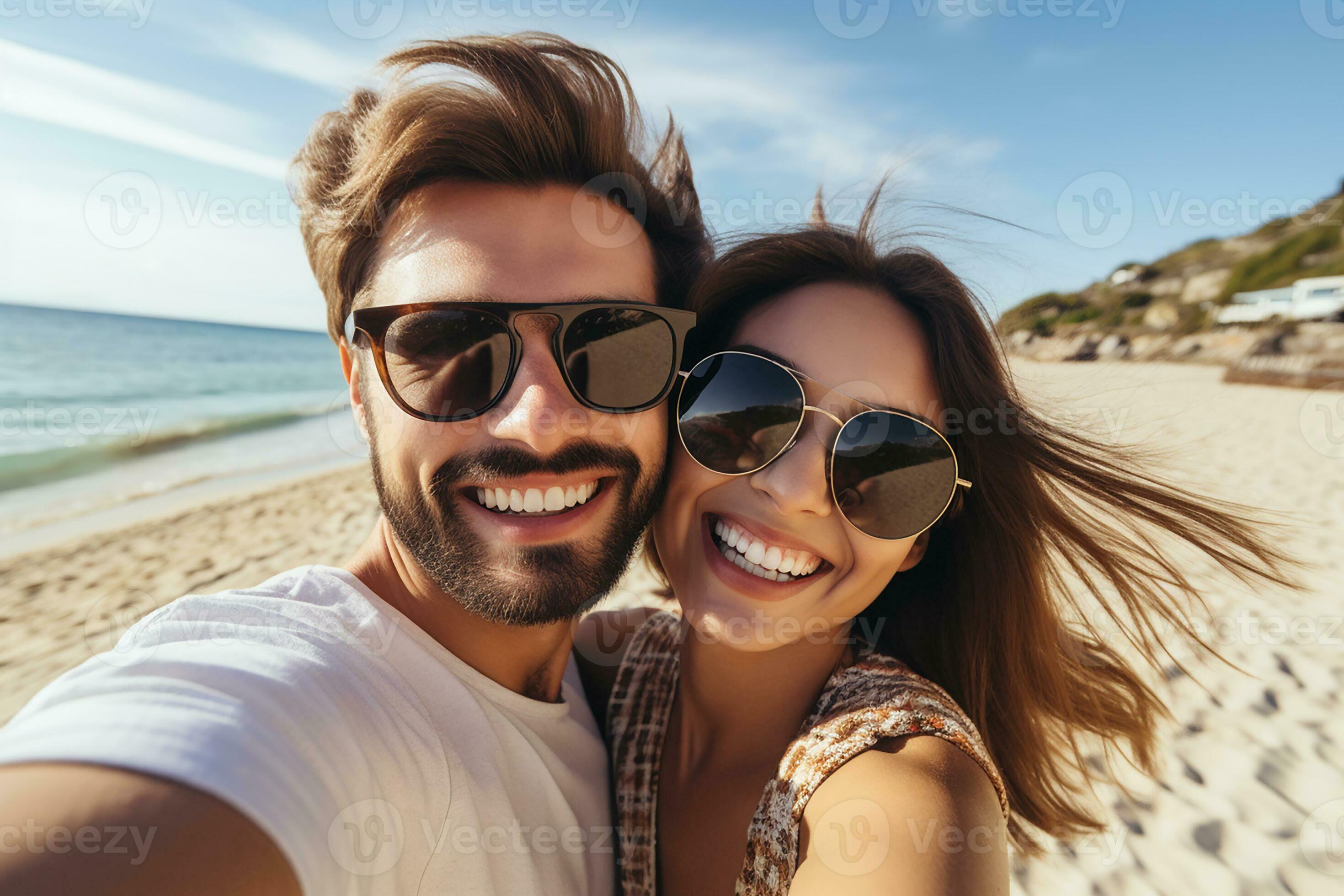 Ai Generated Happy Couple Taking Selfie On Beach Near Sea Summer