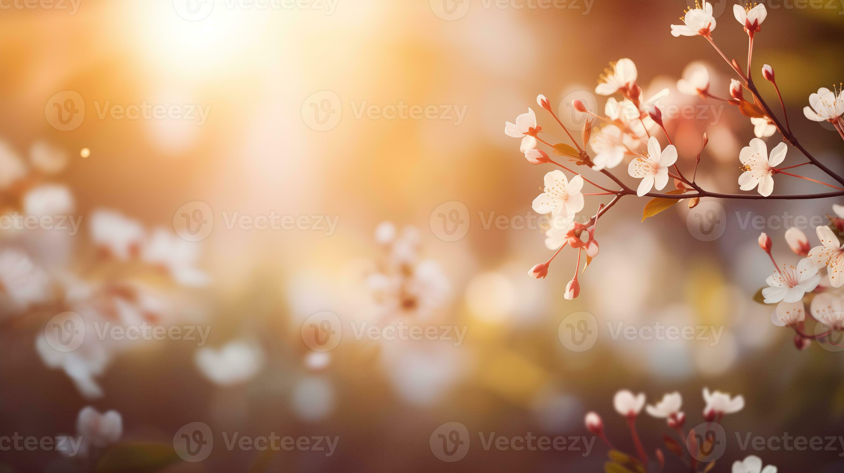 AI generated blossoming fruit tree branch against sunset light, spring ...