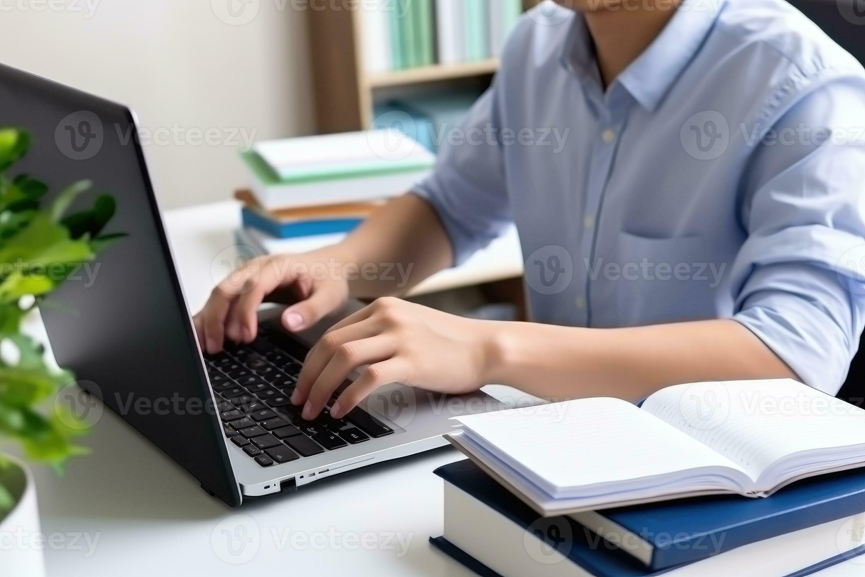 AI generated Young student person studying with laptop and book in the school library, learning ...
