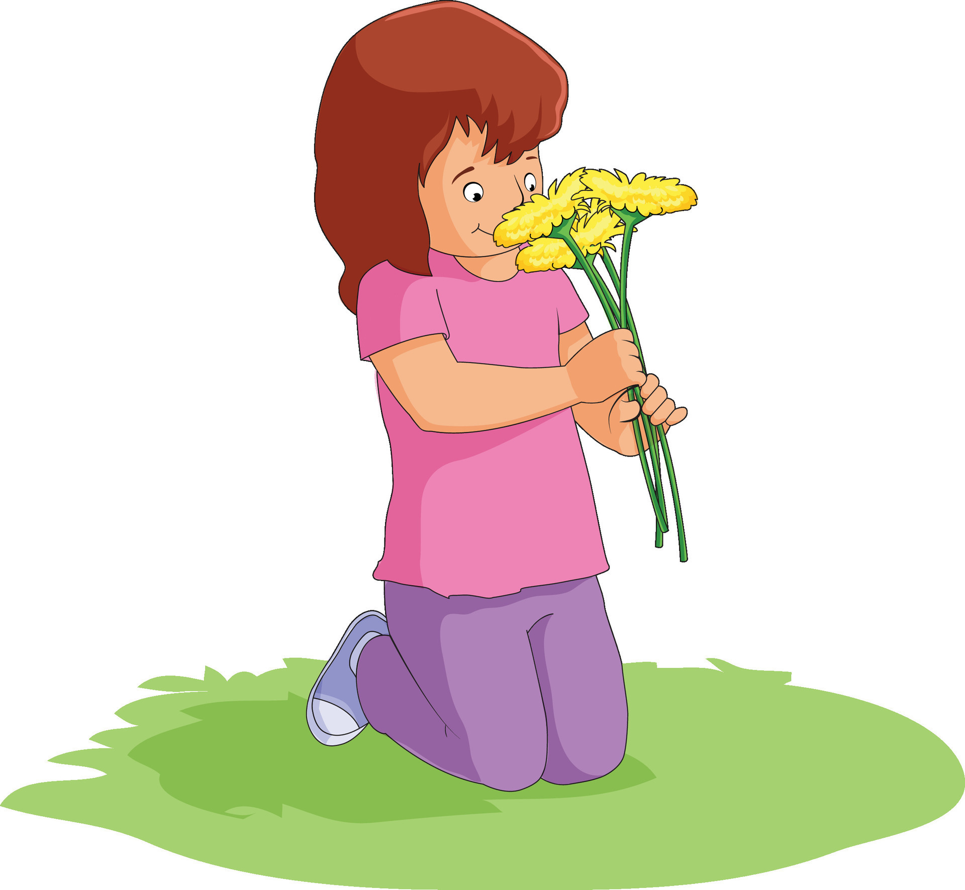 Cute Girl Sitting And Smelling Flowers 36026233 Vector Art At Vecteezy