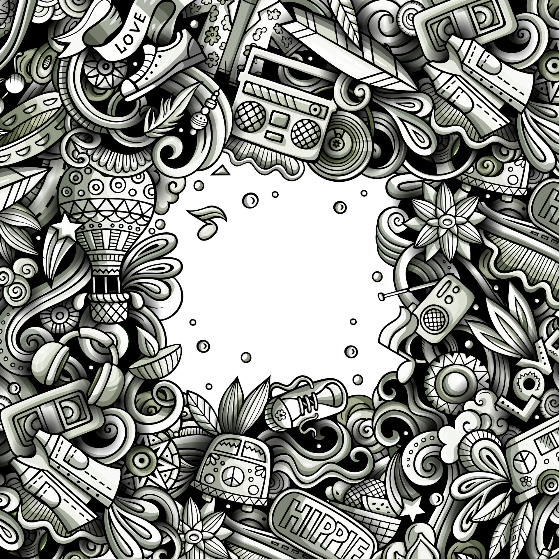 Hippie hand drawn vector doodles illustration. Hippy frame card design ... Hippie hand drawn vector doodles illustration. Hippy frame card design ...