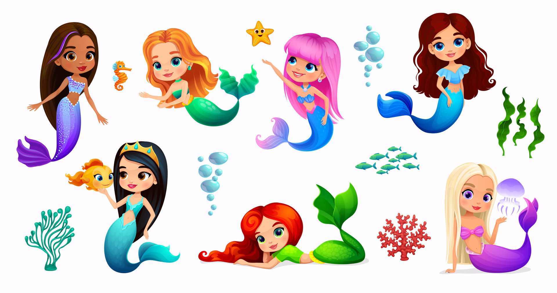 Cartoon mermaid characters, little sea princess 36027351 Vector Art at Vecteezy