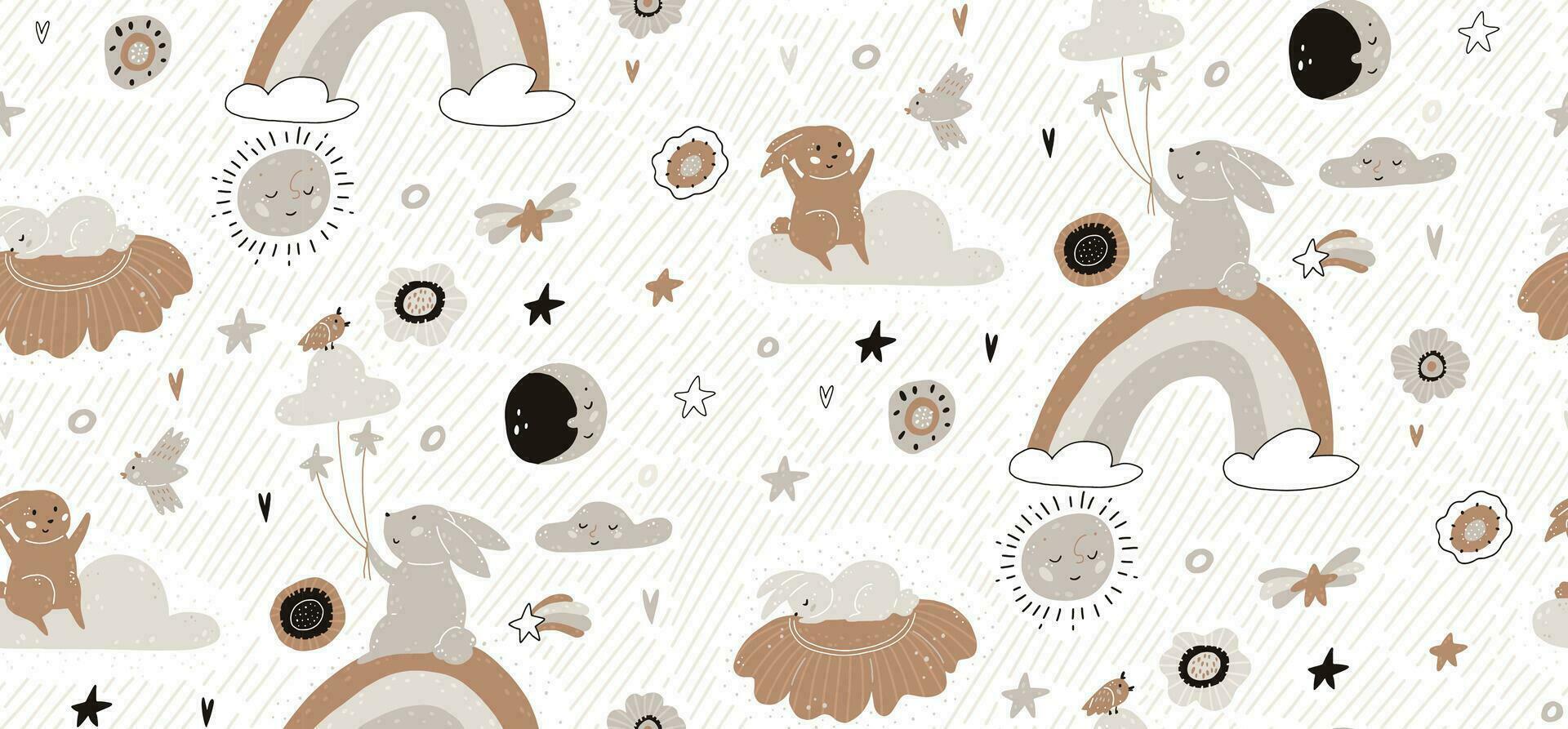 A cute bunny is sitting on a rainbow and holding balloons. The rabbit ...