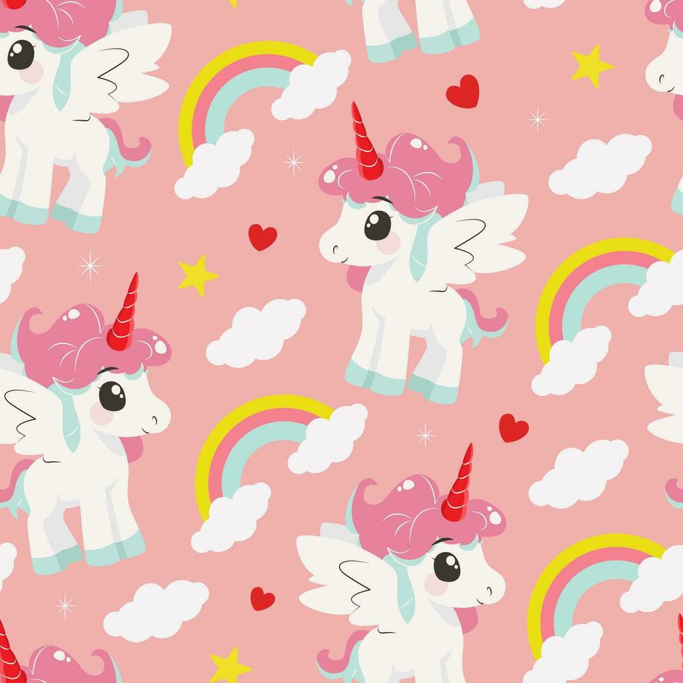 Seamless pattern with magic unicorns, rainbow, stars, clouds on pink backdrop. Vector tile with ...