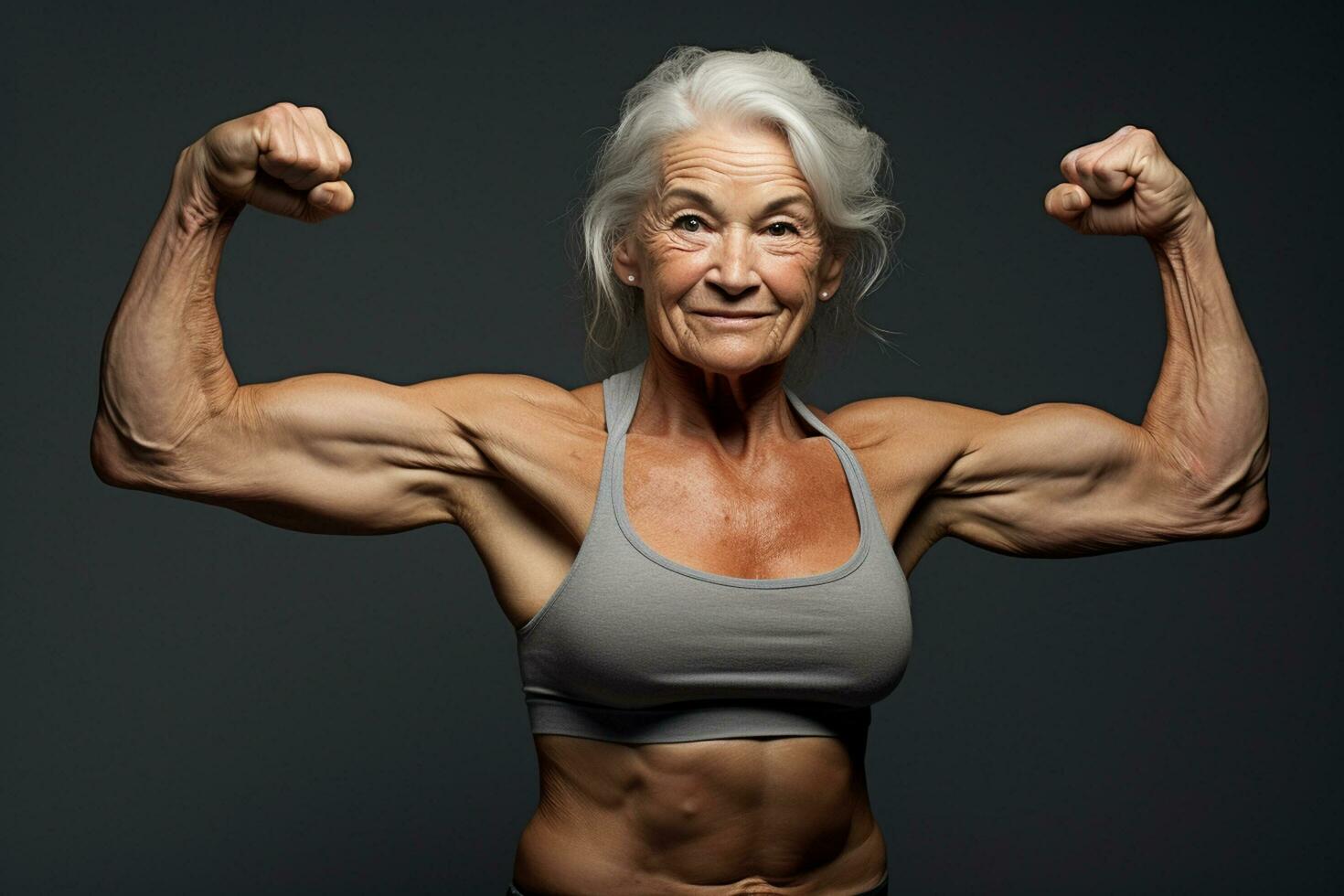 AI generated an elderly woman show her muscle on dark background with Generative AI 36032895 ...