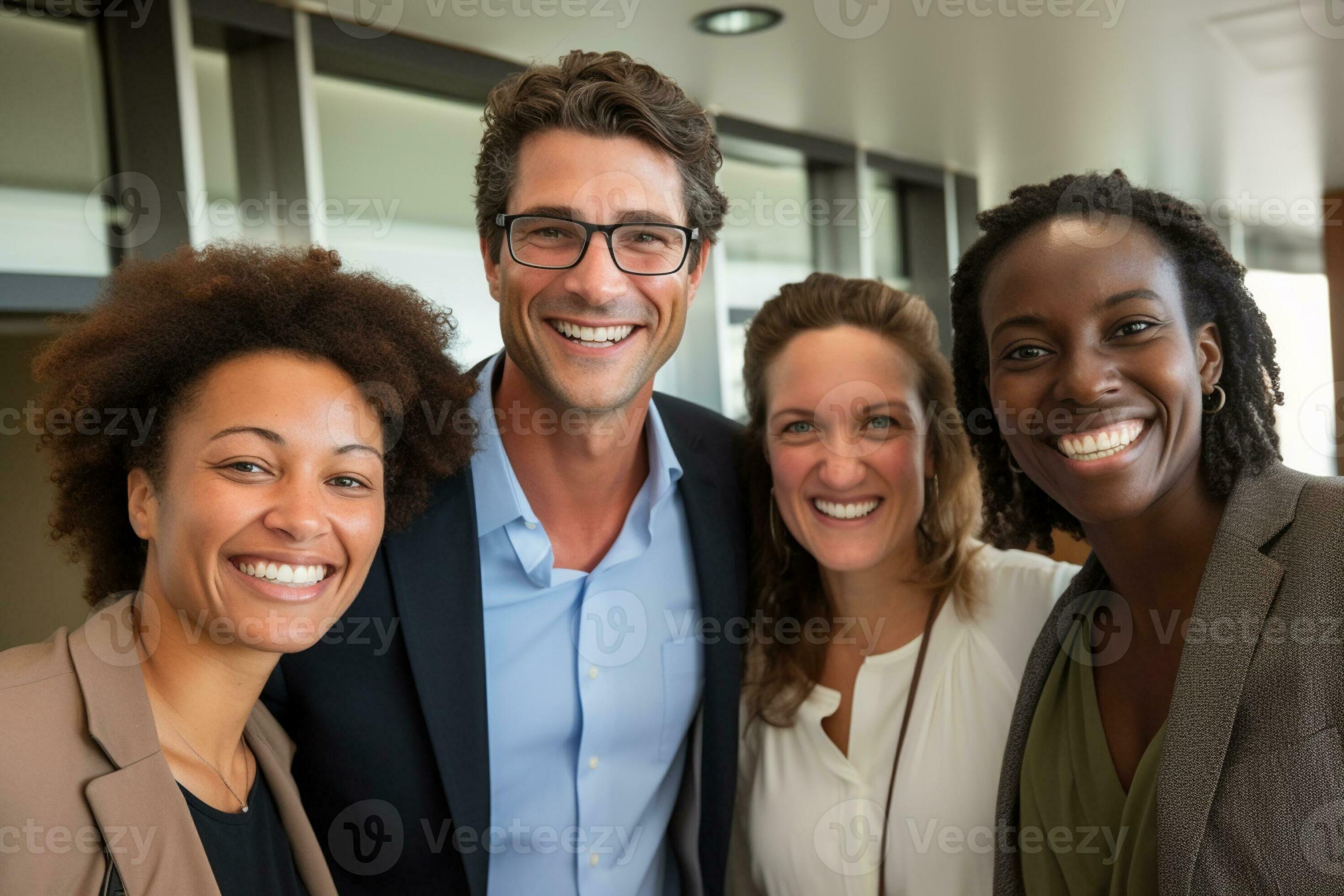 AI generated business teamwork smiling in the office bokeh style ...