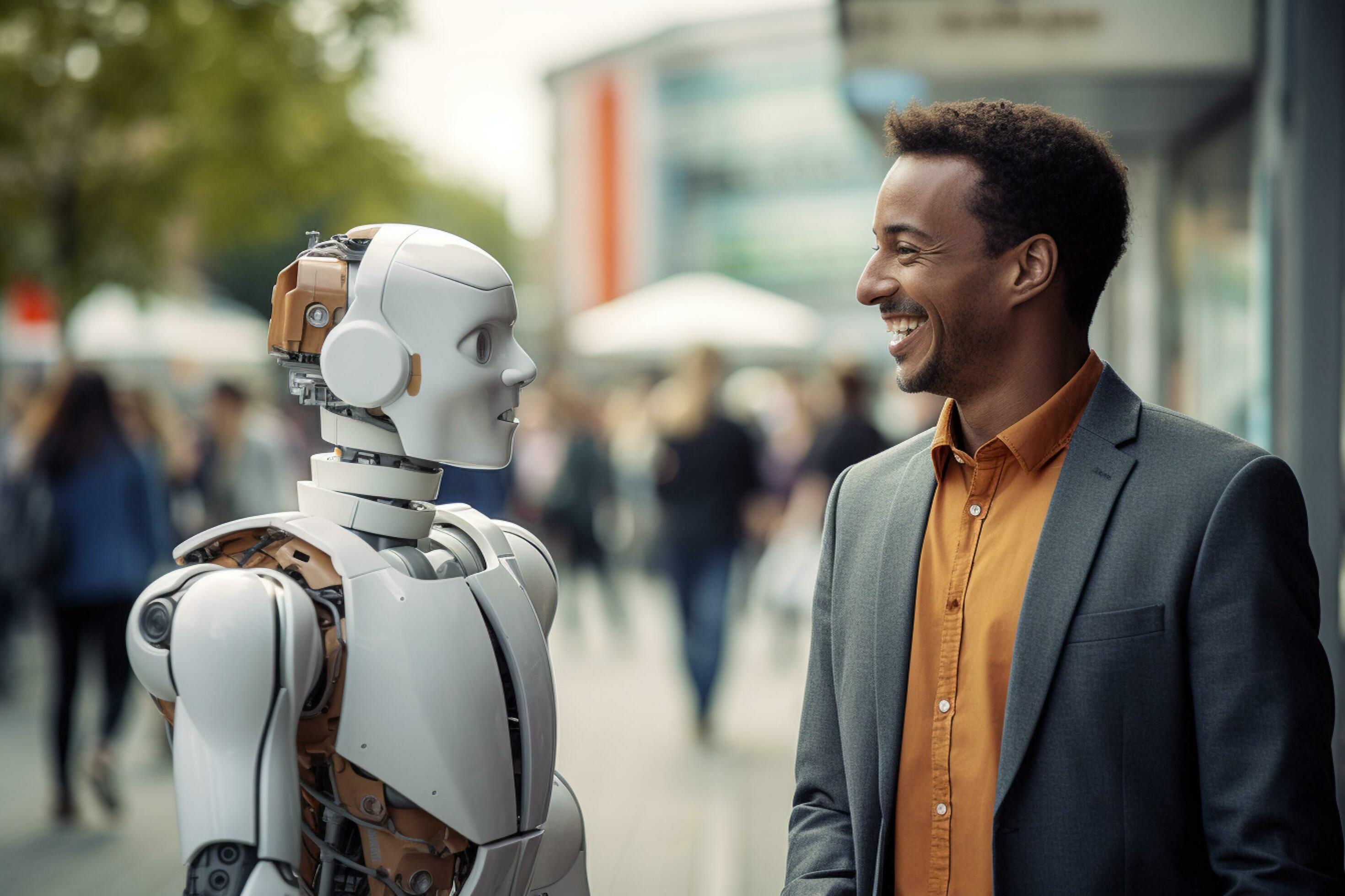 AI generated a man talking with robot bokeh style background with ...