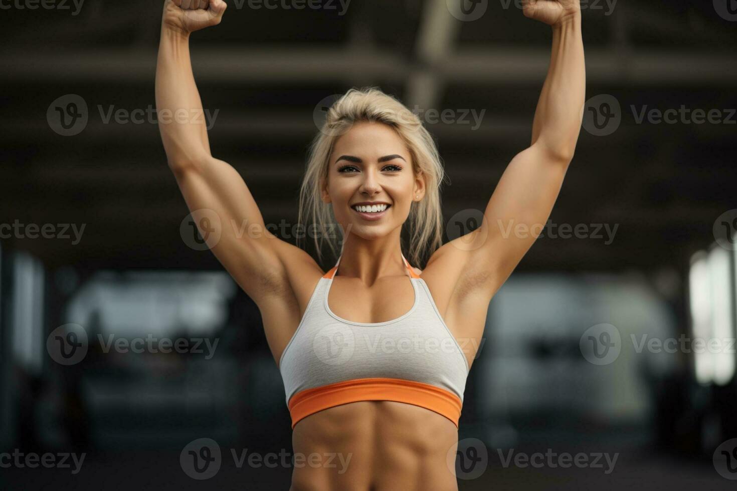Ai Generated Fitness Girl Show Her Muscles In Gym Bokeh Style Background With Generated Ai