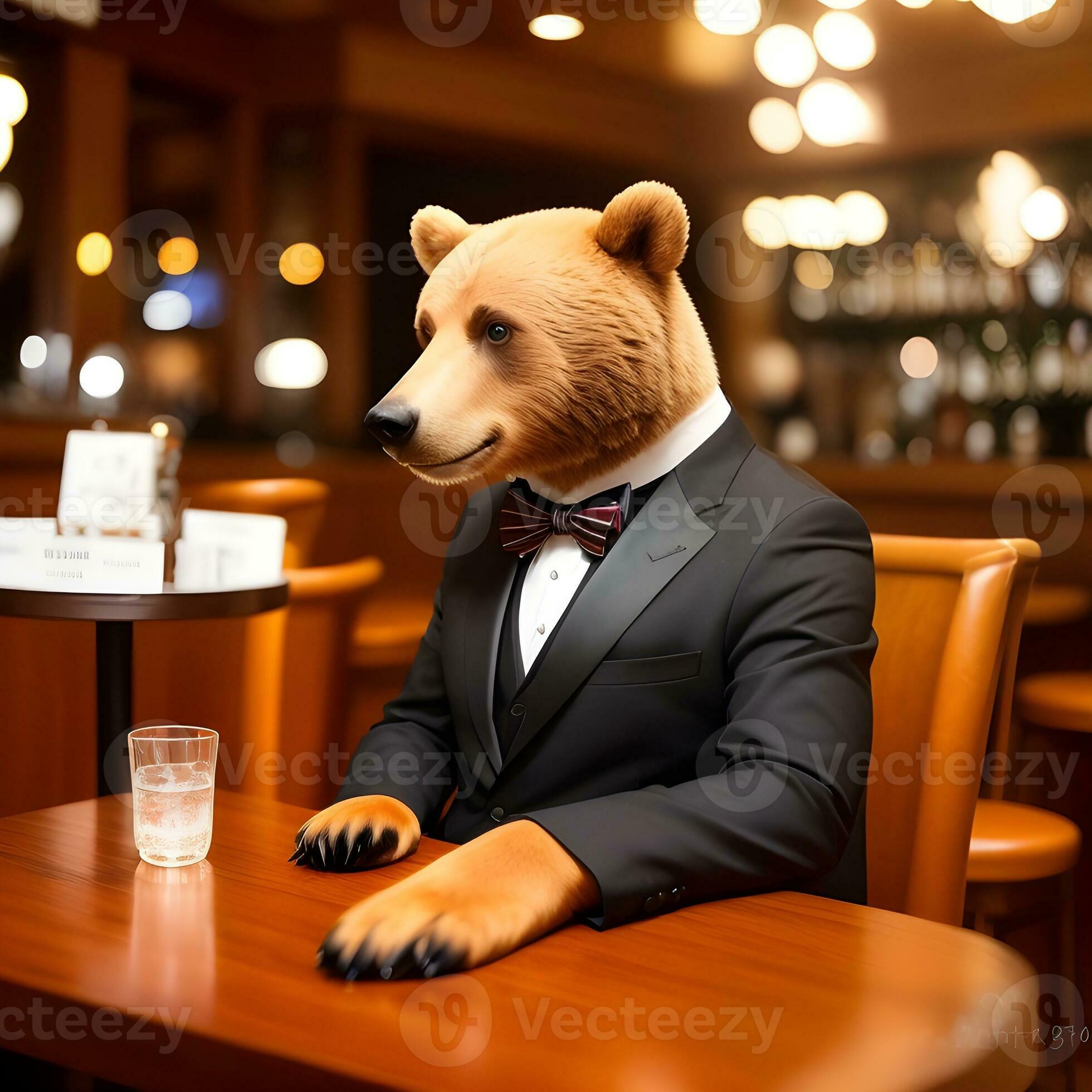 AI generated Bear dressed in a festive holiday suit , sitting at a table in a bar ...