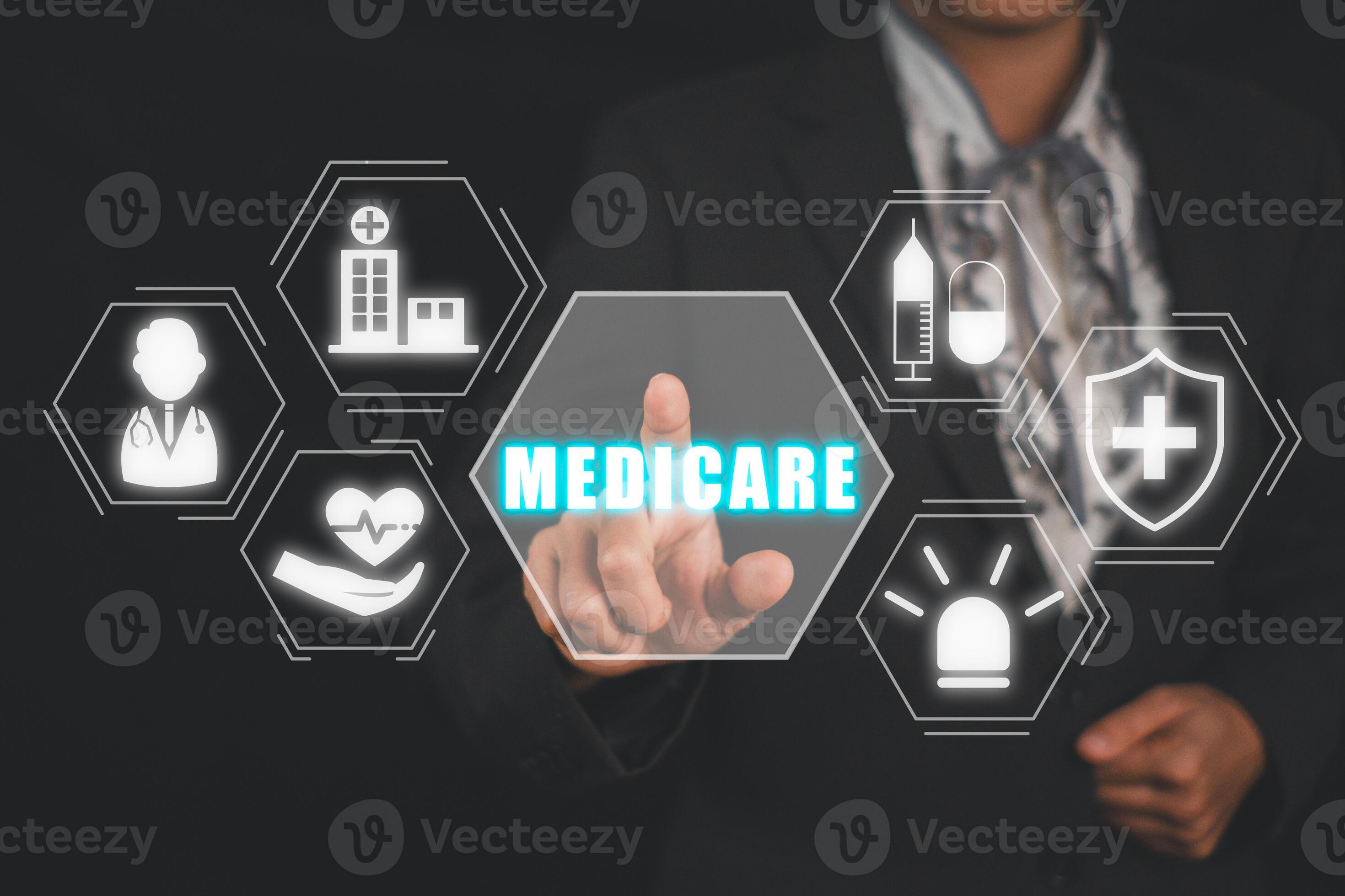 Medicare concept, Business woman hand touching medicare icon on virtual ... Medicare concept, Business woman hand touching medicare icon on virtual ...