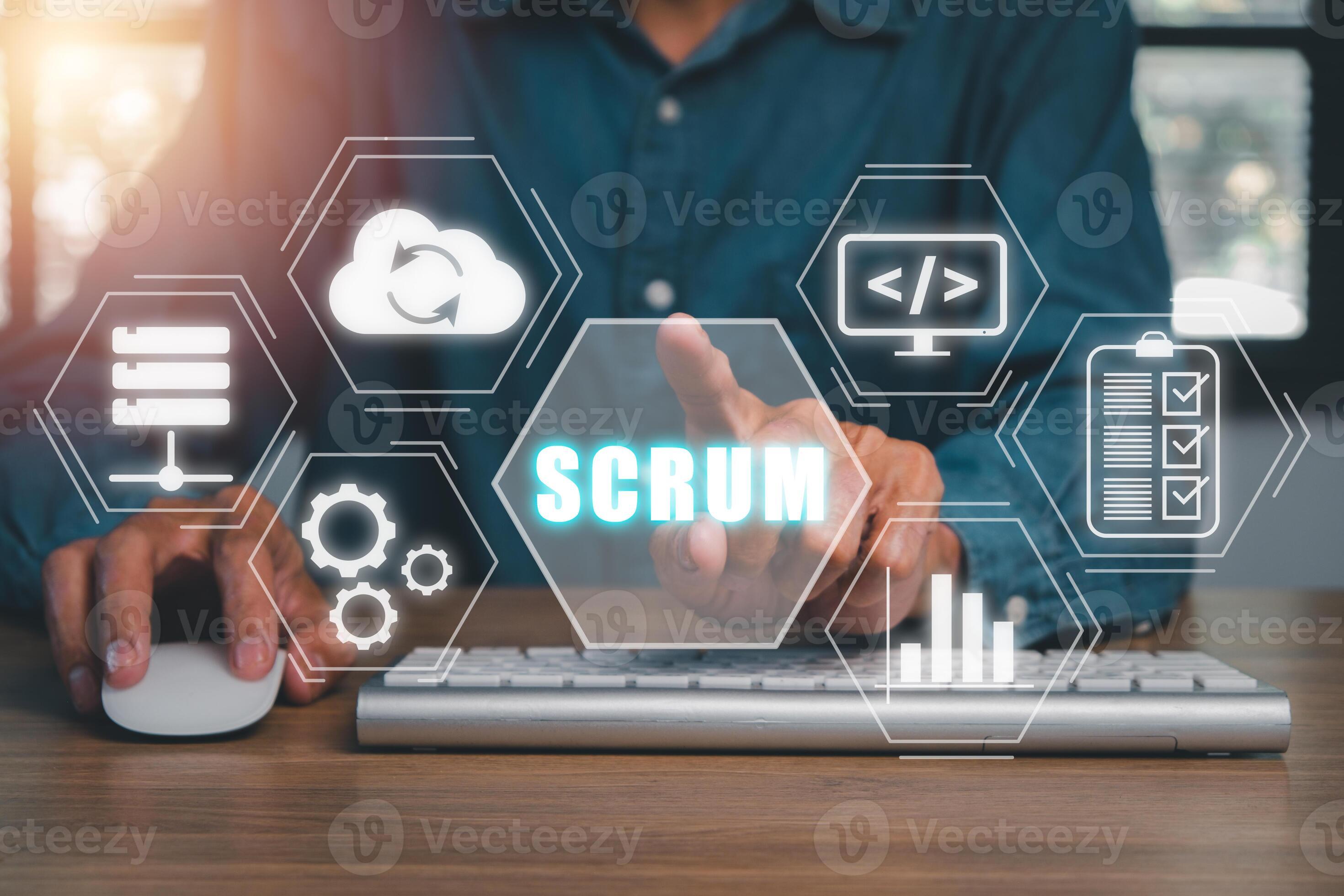 SCRUM, Man hand using laptop computer with SCRUM icon on VR screen ...