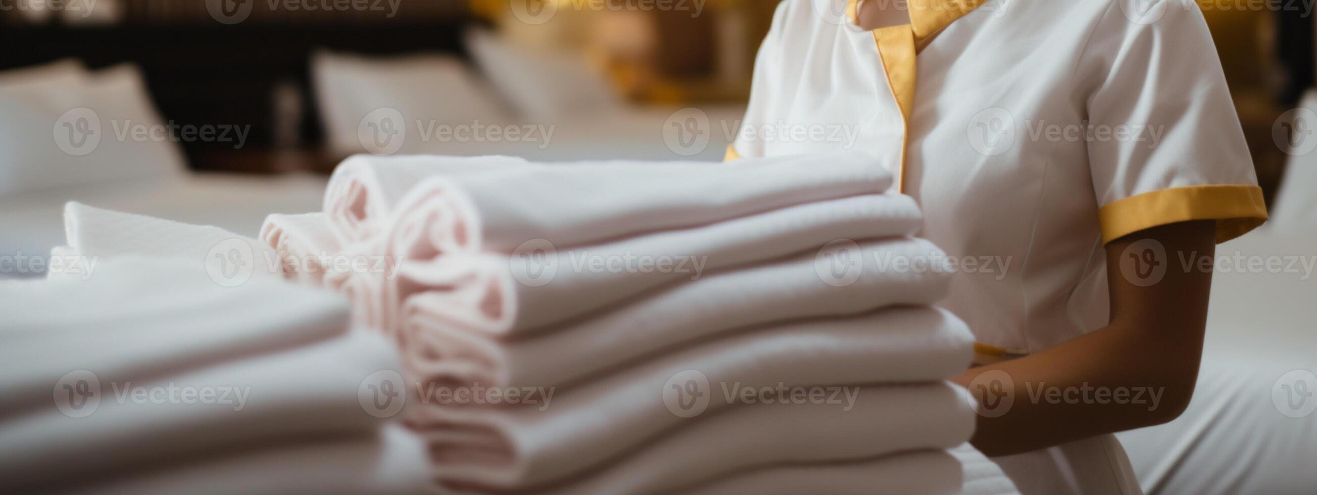 Ai Generated Cleanliness Scene Hotel Maid Carefully Arranges Fresh Towels On Bed 36044967 Stock