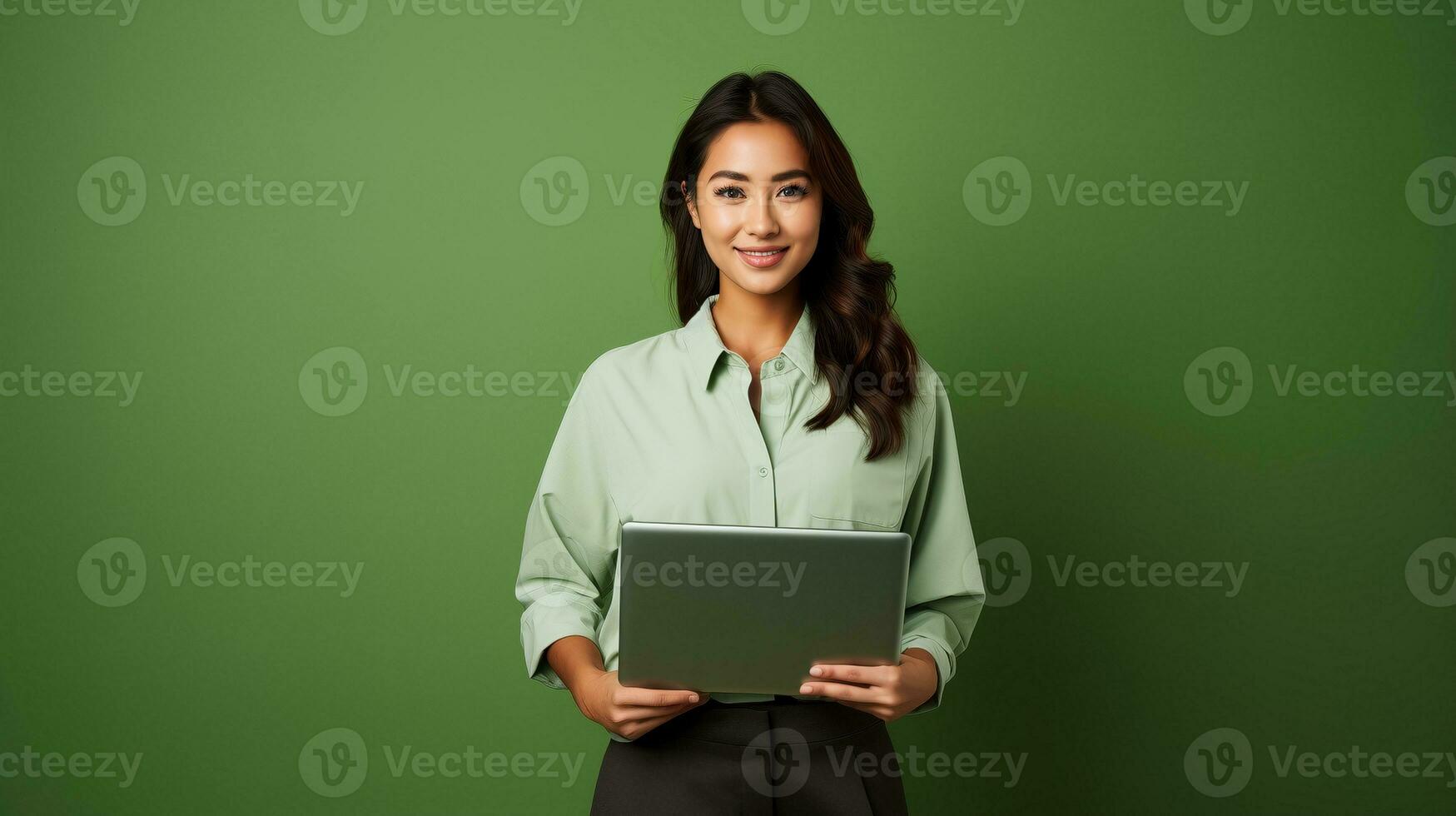 Ai Generated Asian American Female Office Worker With Laptop Ai Generated Portrait Image Copy