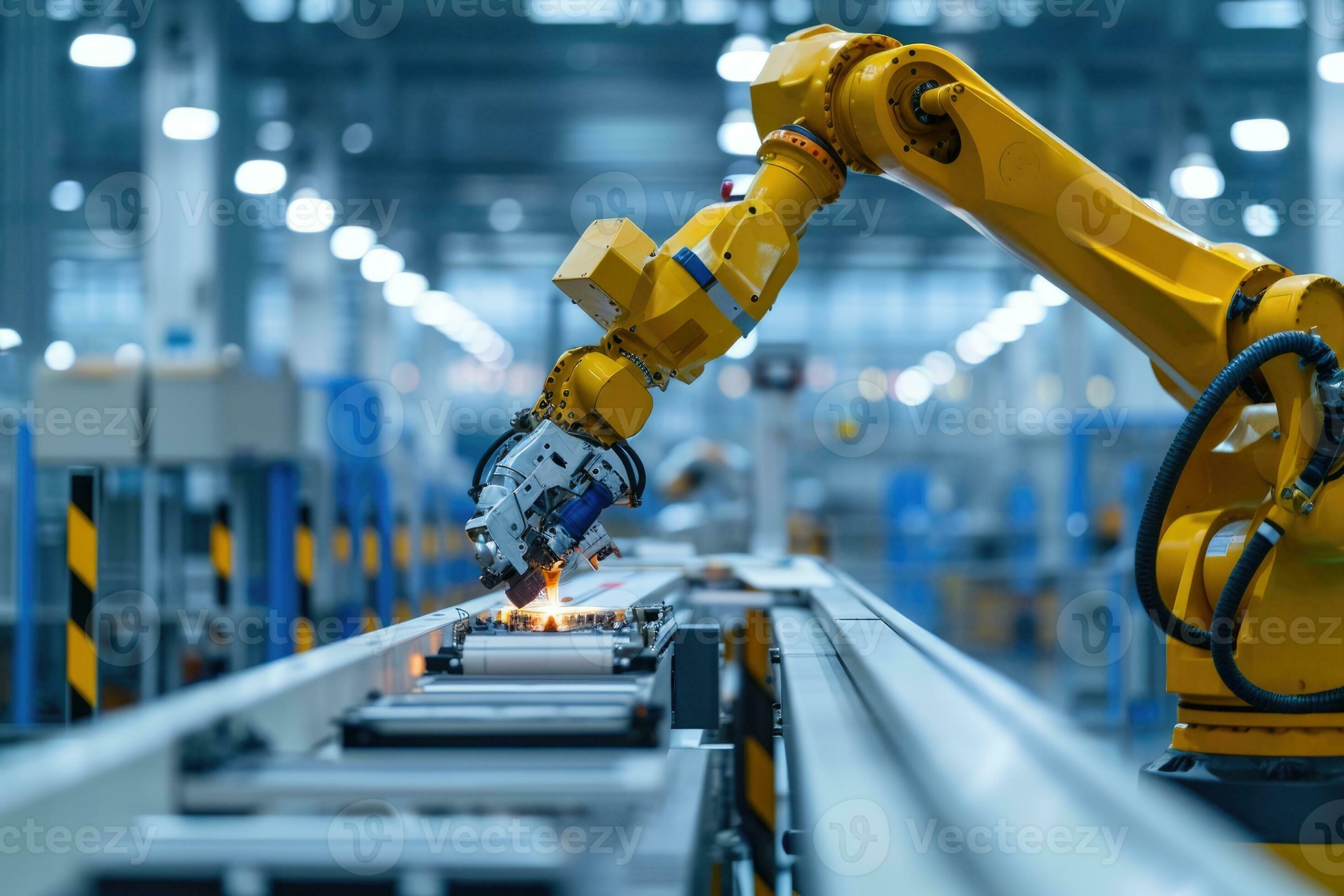 AI generated Robotic arm for electronic assembly line. Smart modern factory automation using ...