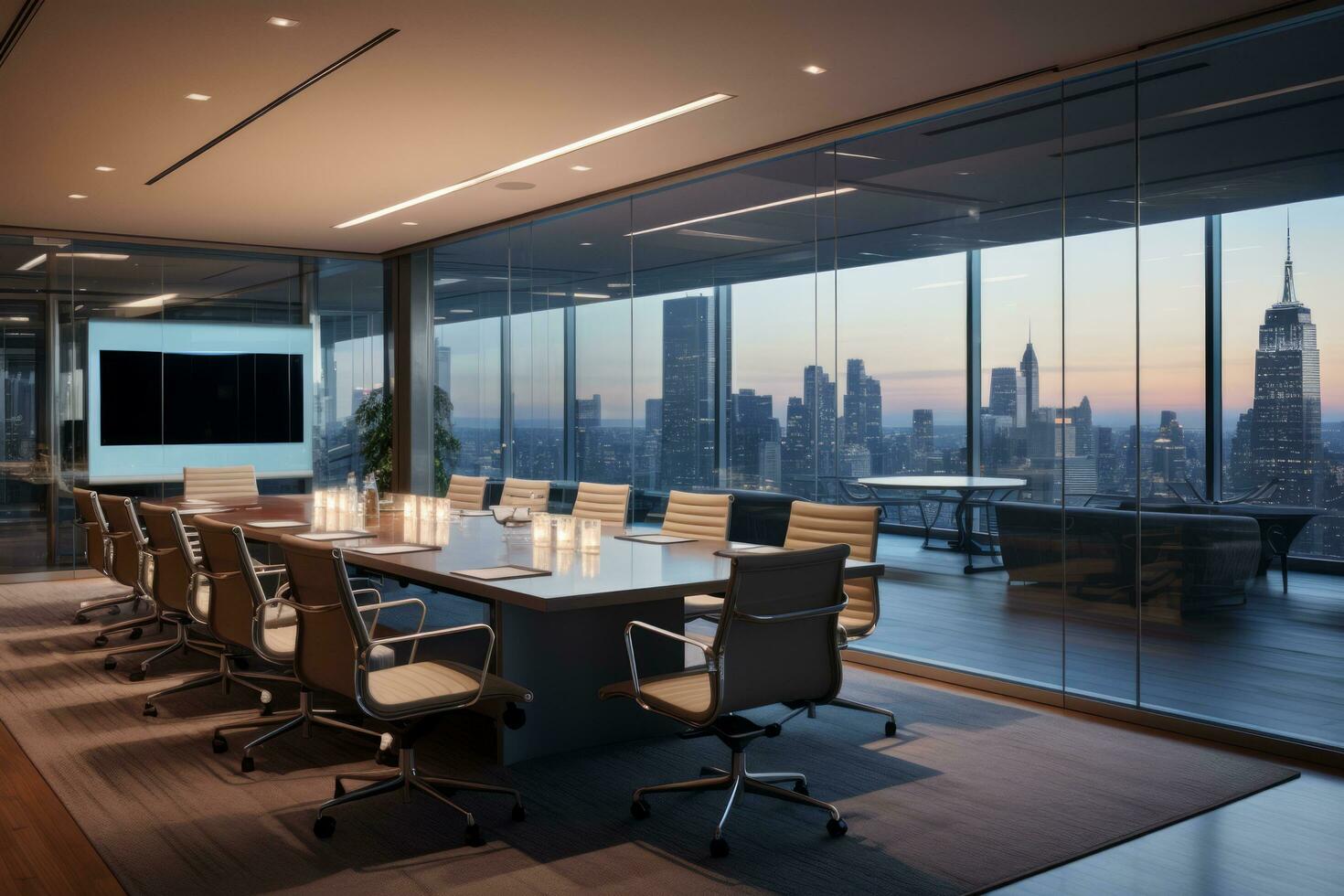 AI generated Modern corporate boardroom with a large screen displaying data analysis, empty ...
