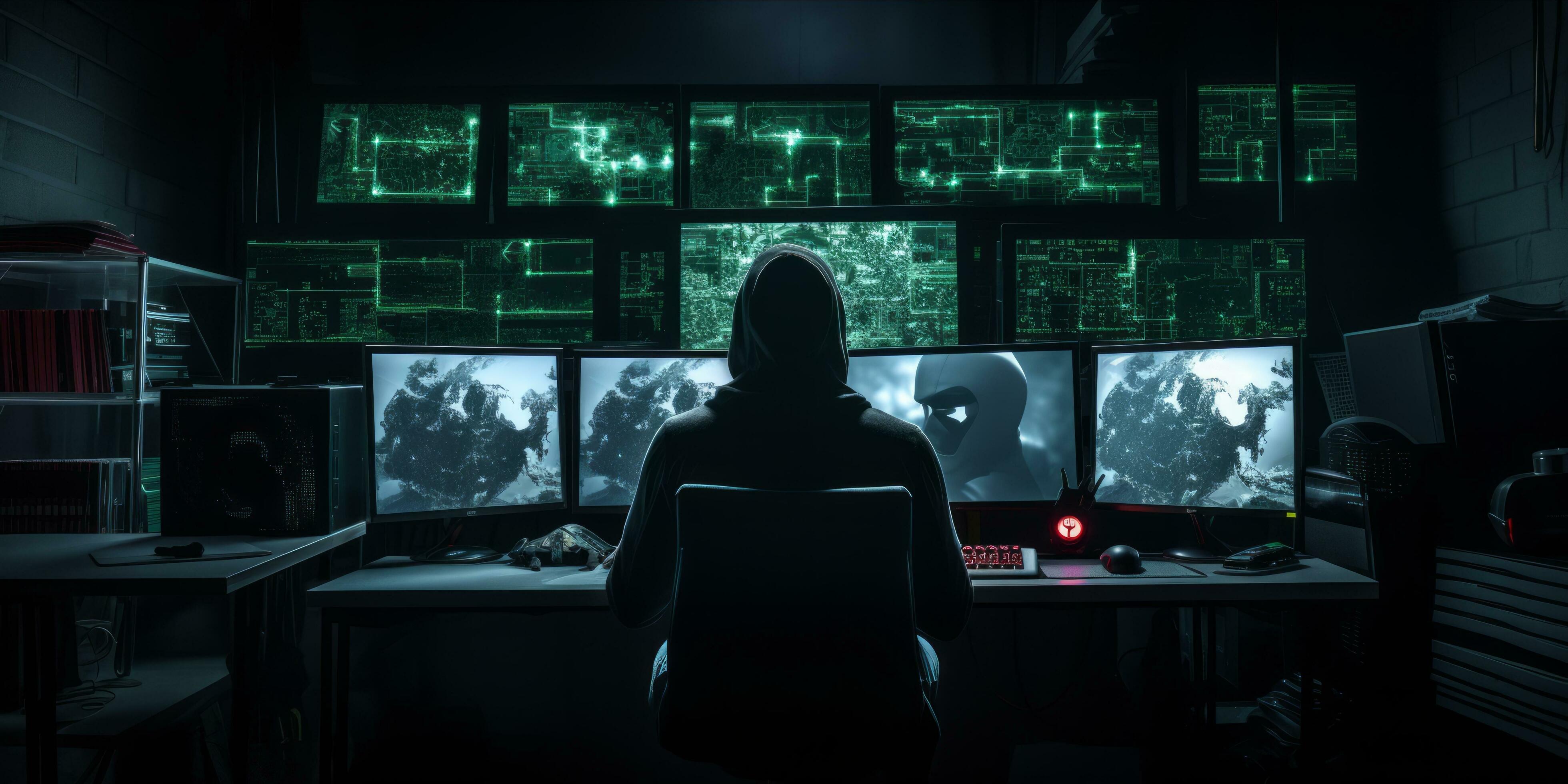 AI generated A hacker at work in a dark room with multiple computer screens 36053274 Stock Photo ...