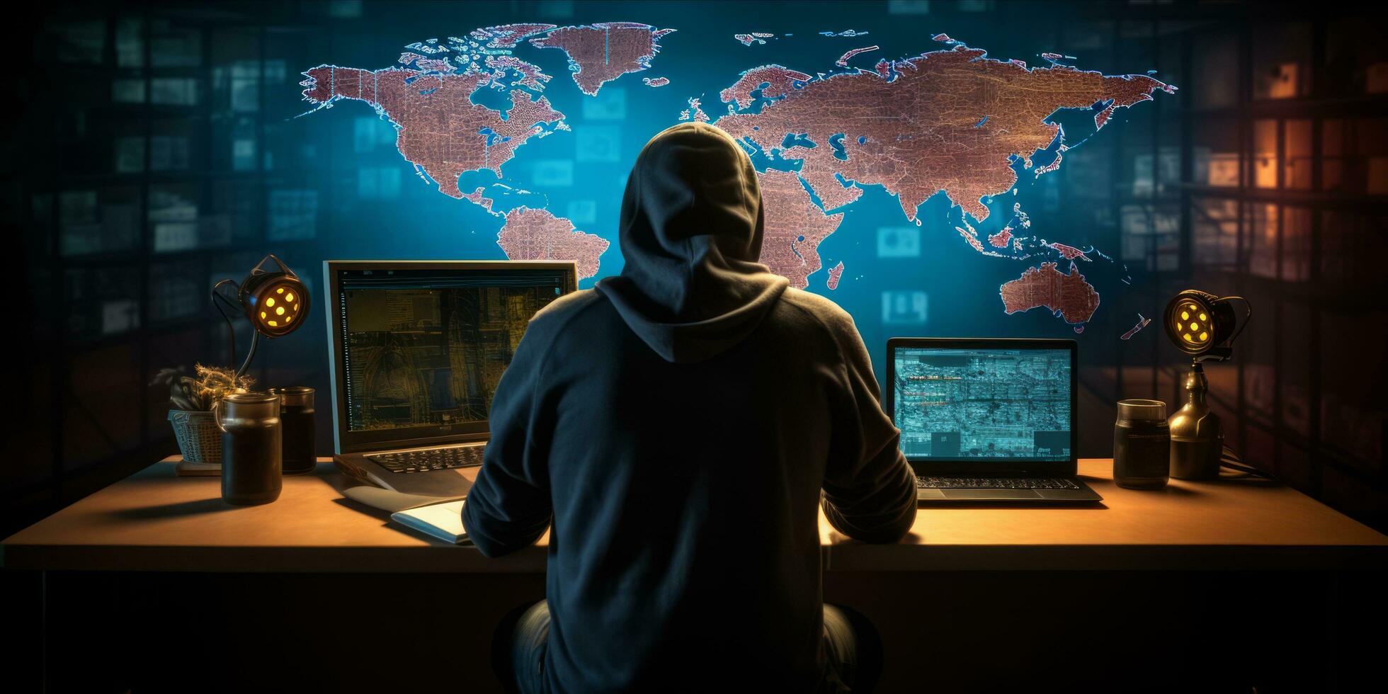 AI generated A focused hacker with a hood using a laptop and multiple monitors with code and ...