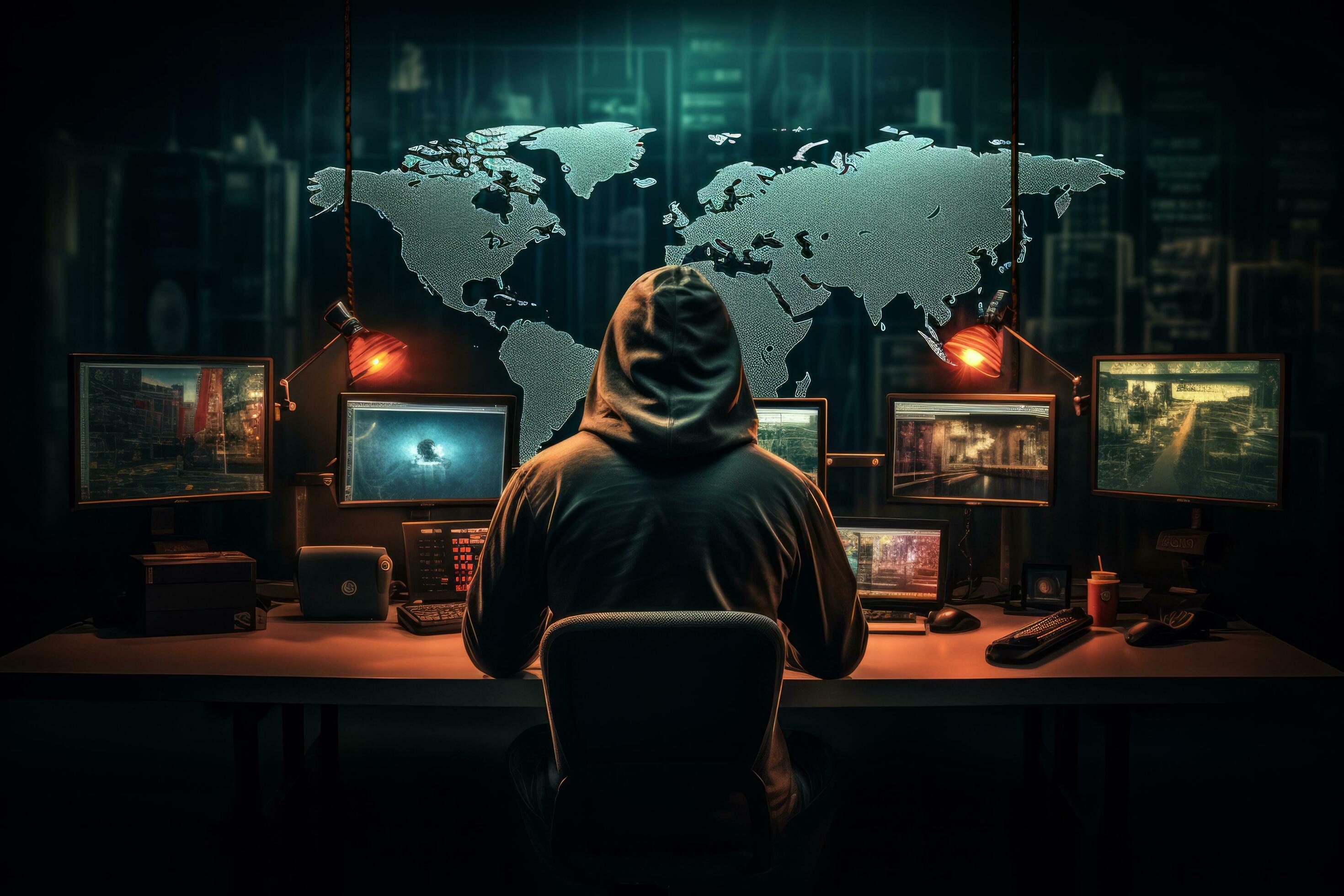 AI generated A focused hacker with a hood using a laptop and multiple monitors with code and ...