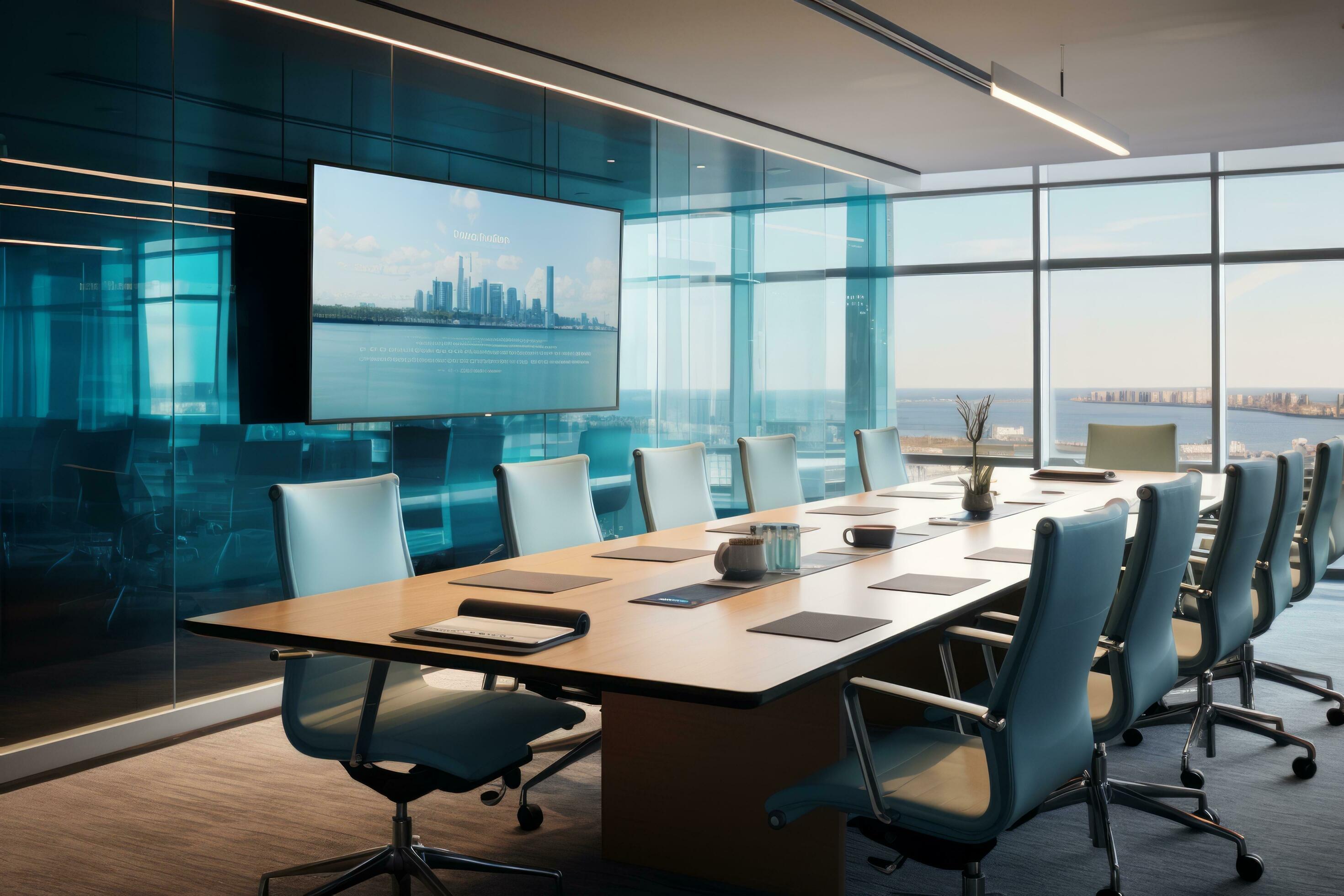 AI generated Modern corporate boardroom with a large screen displaying data analysis, empty ...