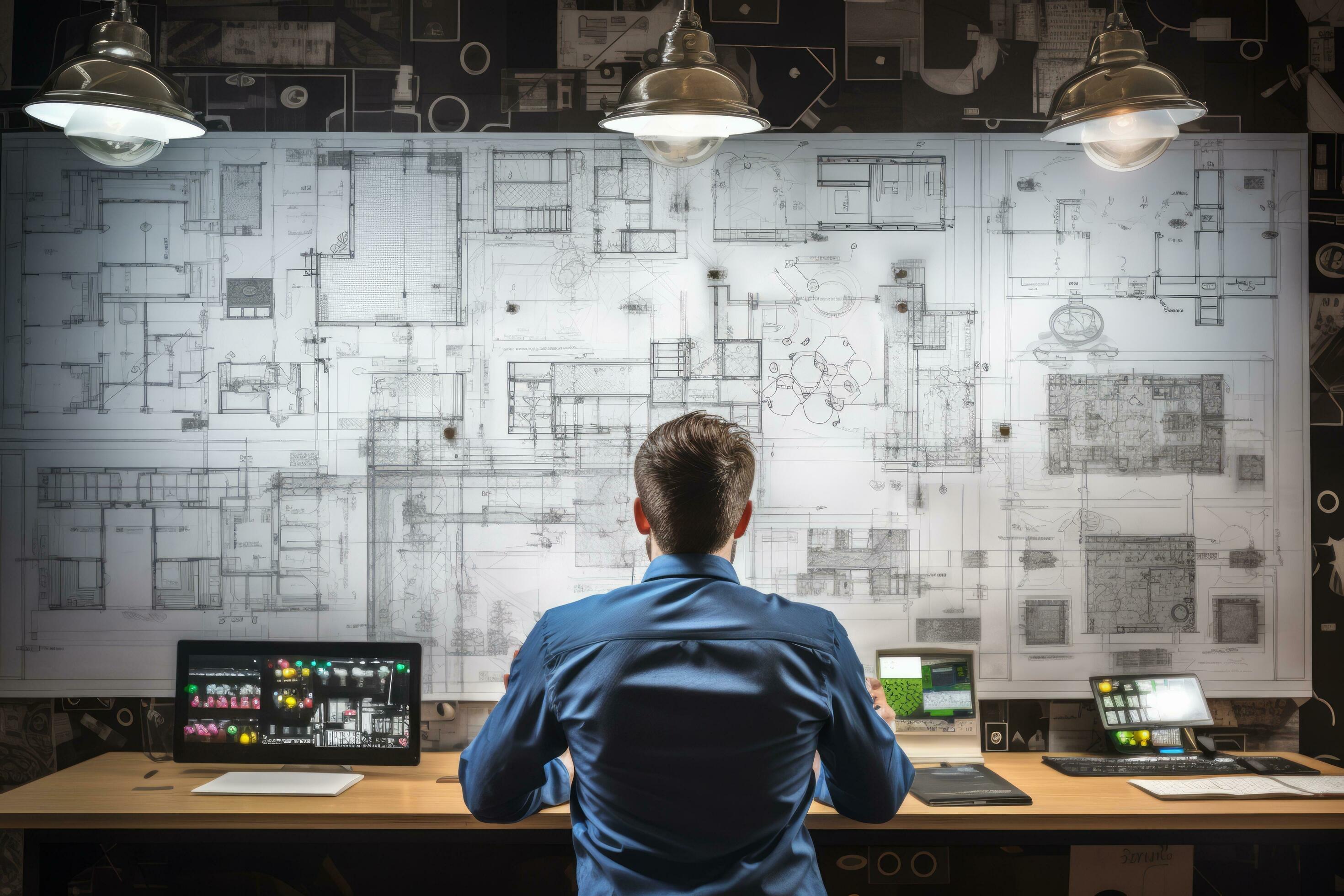 AI generated An engineer working on architectural plans with dual ...
