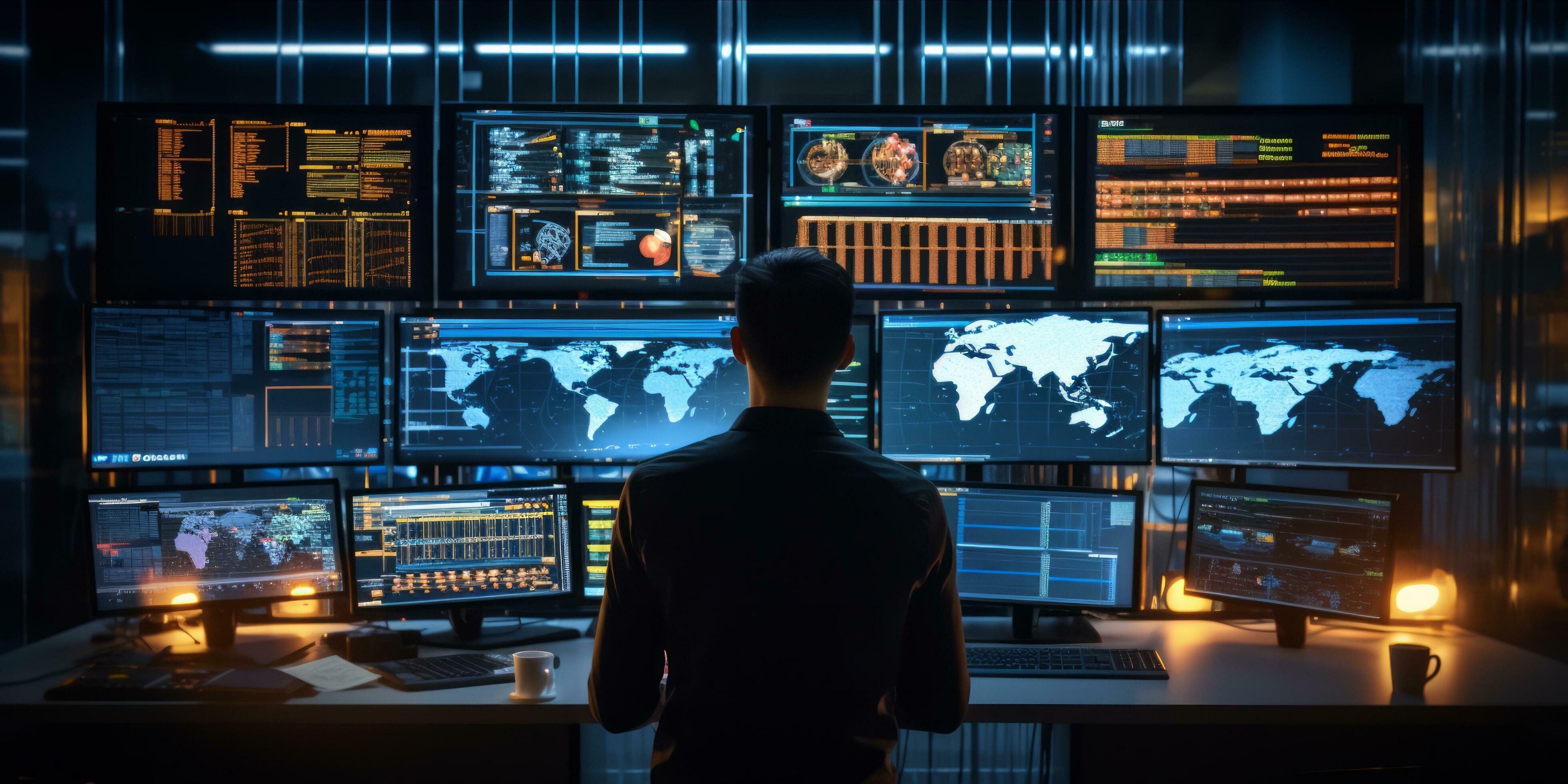 Ai Generated A Network Engineer Monitoring Data On Multiple Screens In A Server Room 36053298