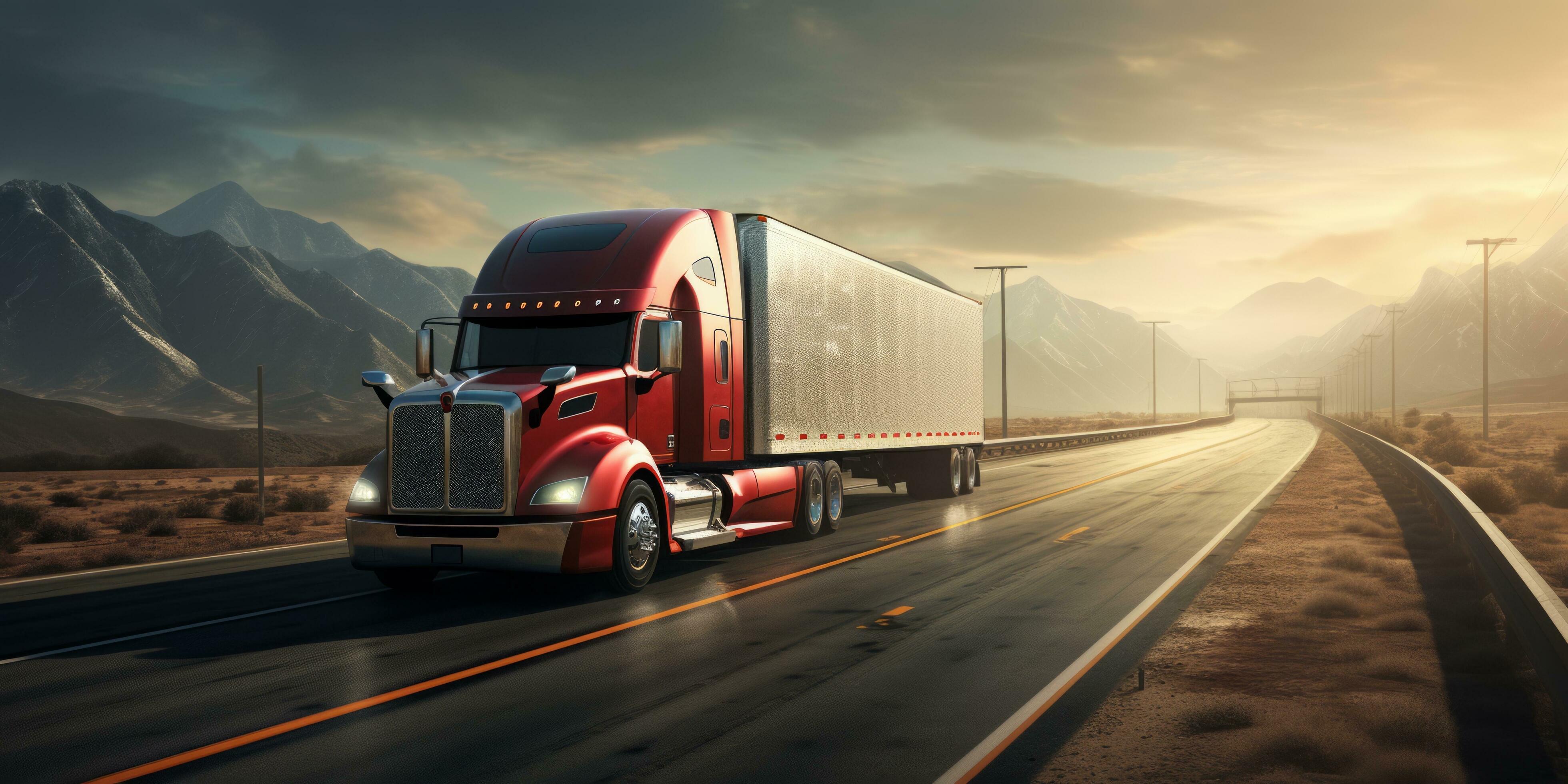 AI generated Semi truck driving on highway with digital connectivity and data streams concept ...