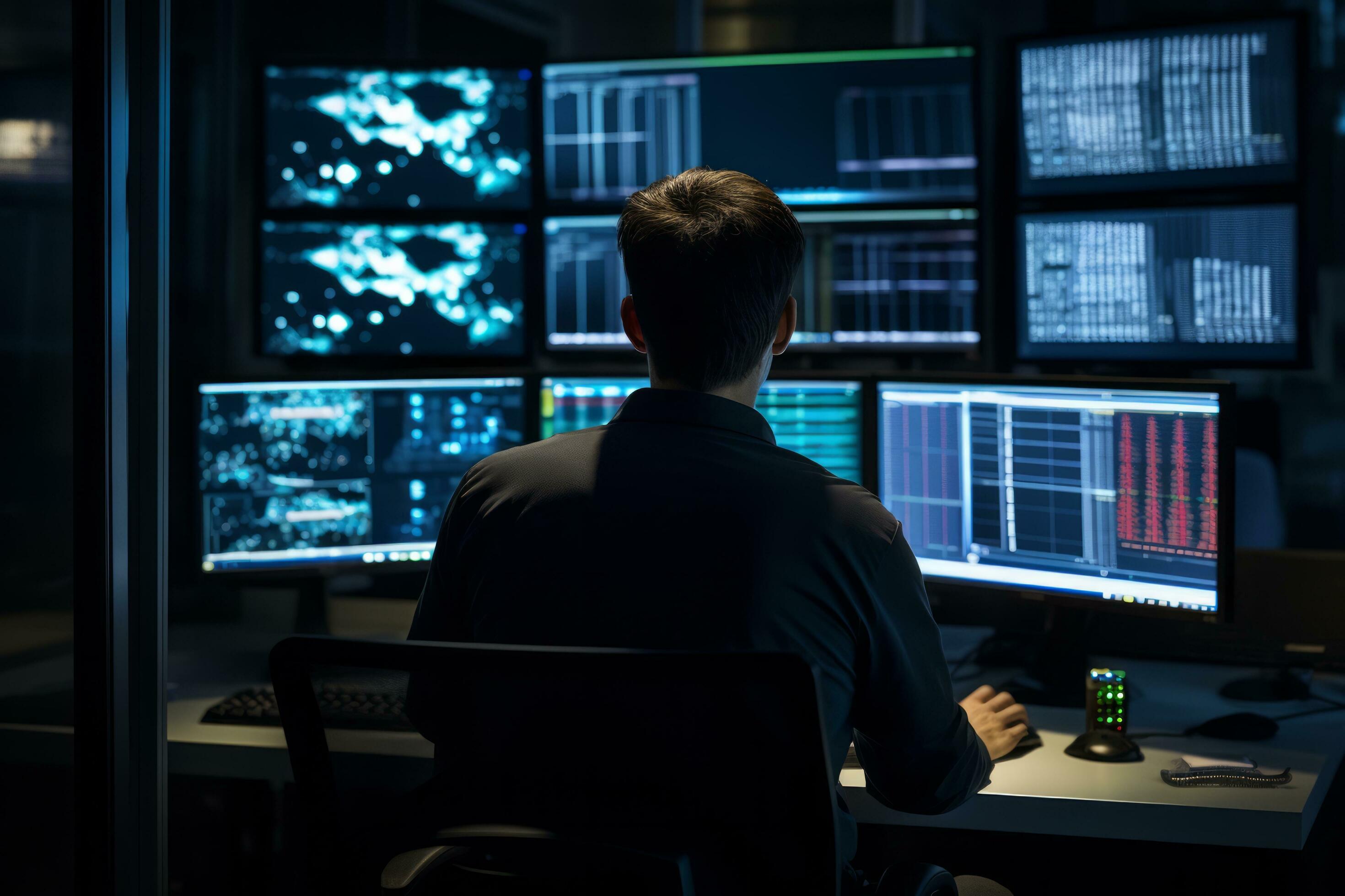 AI generated A network engineer monitoring data on multiple screens in a server room 36053650 ...