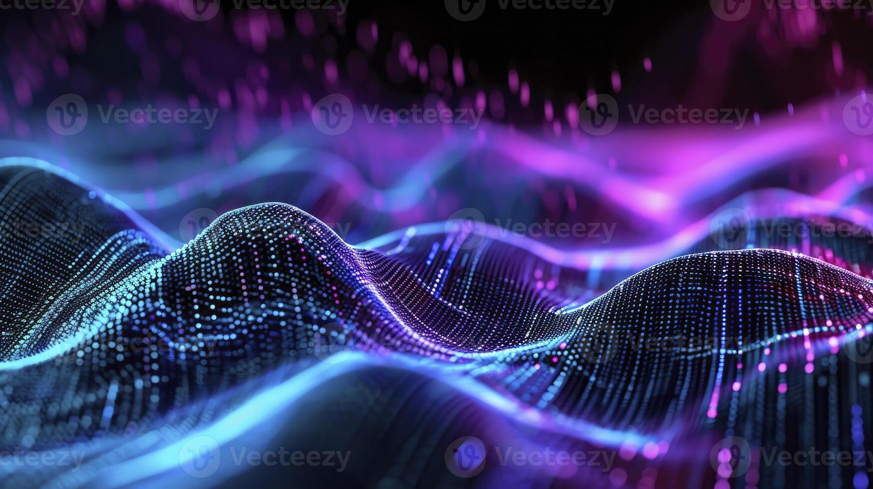 AI generated Binary code digit abstract background, wavy lines, azure blue and purple, black ...