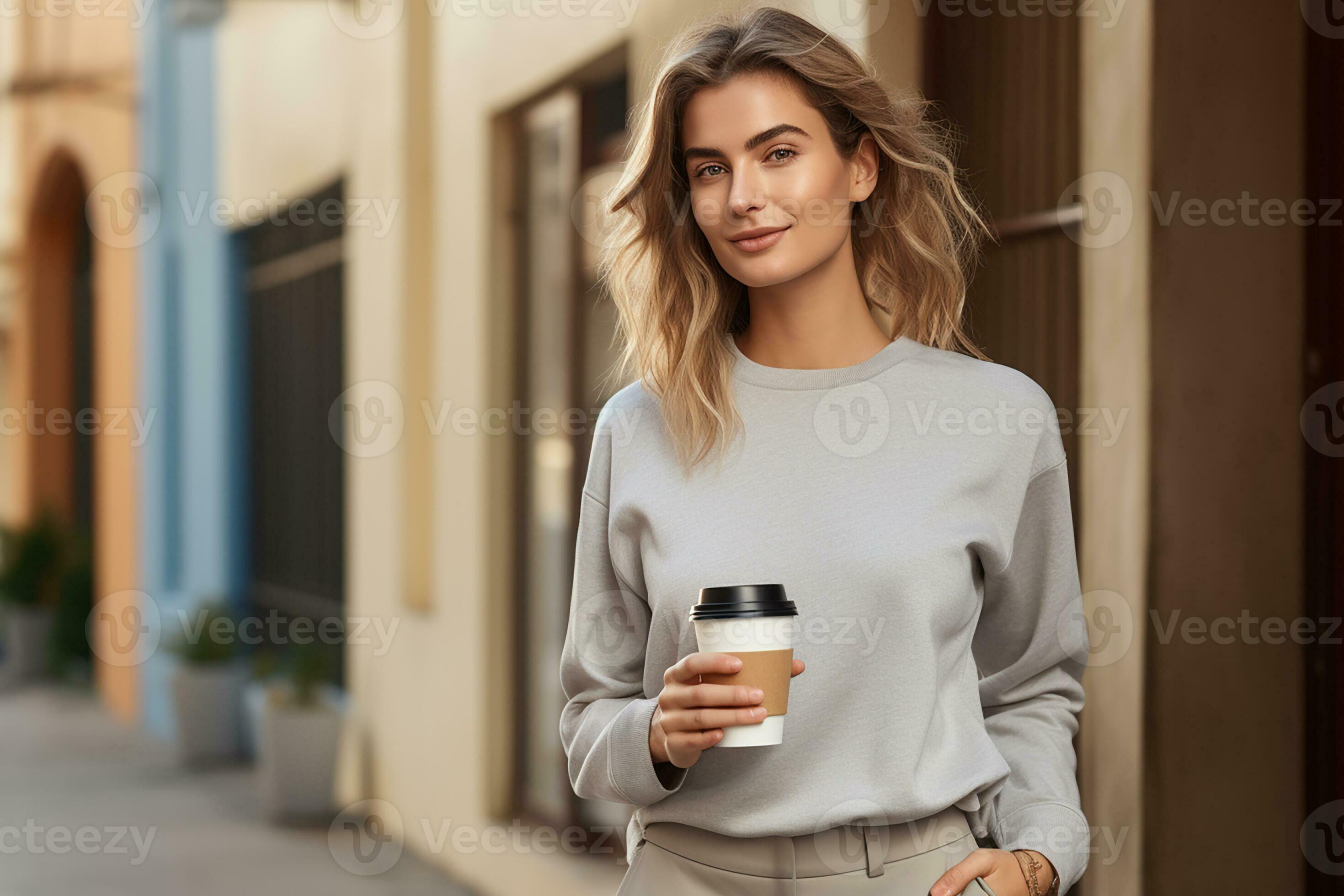 AI generated Portrait of beautiful woman with cup of coffee in street generative AI 36068305 ...